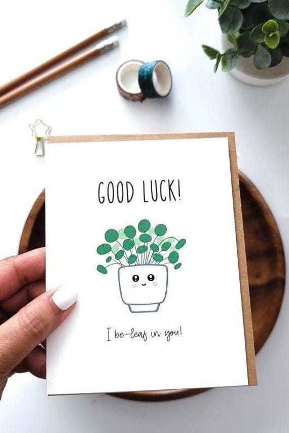 Good Luck Greeting Card – Cheerful “I Be-leaf in You” Potted Plant ...
