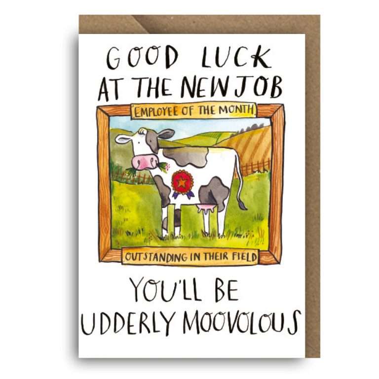 Good Luck at the New Job Card – Humorous “Udderly Moovolous” Cow Design ...