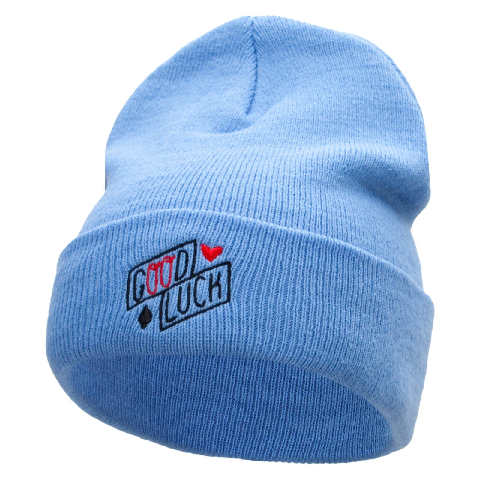 Good Luck Phrase Embroidered 12 Inch Long Knitted Beanie - Sky Blue ...