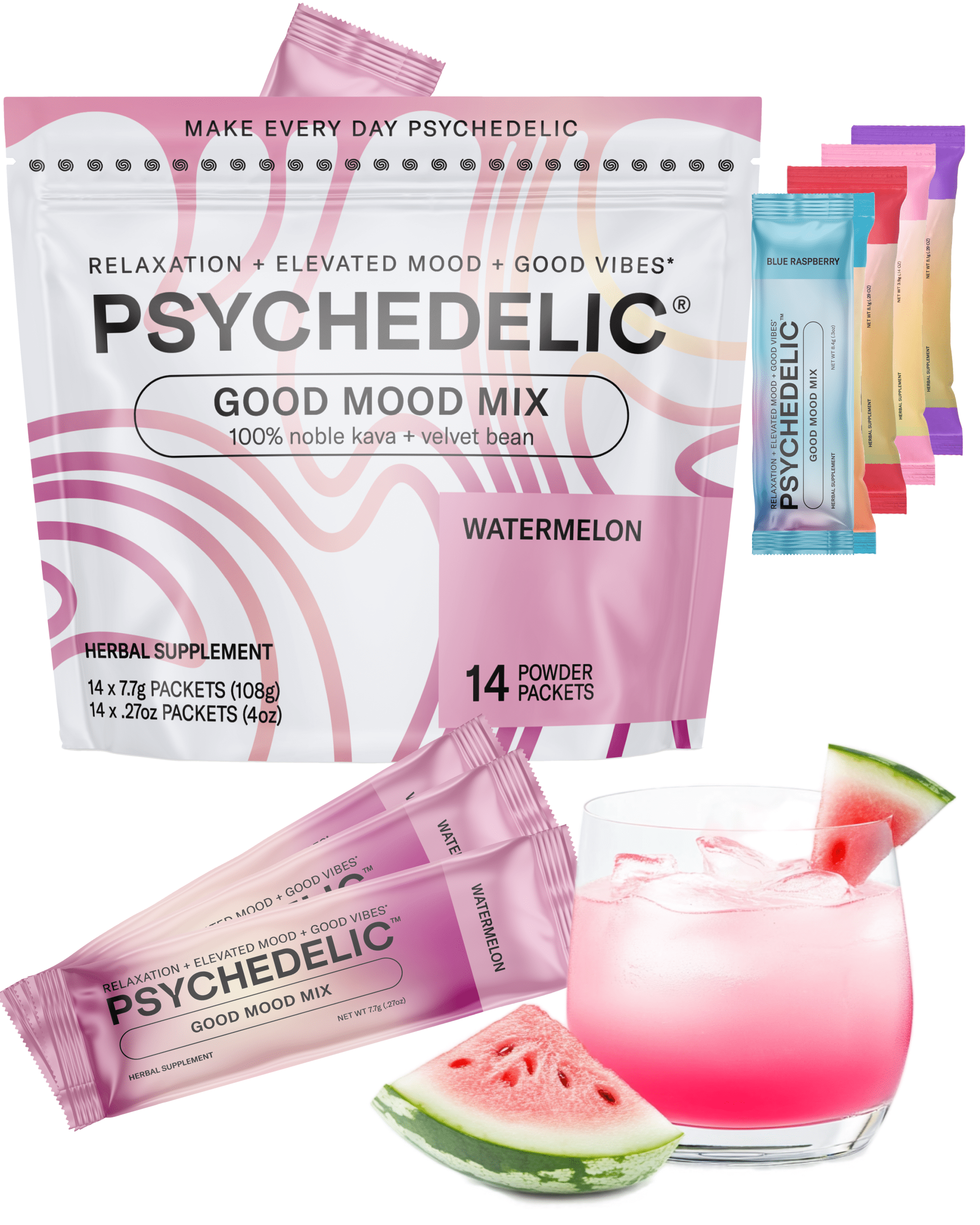 Psychedelic Water Good Mood Mix, Watermelon, Kava Drink Mix, Vegan, 14 ...
