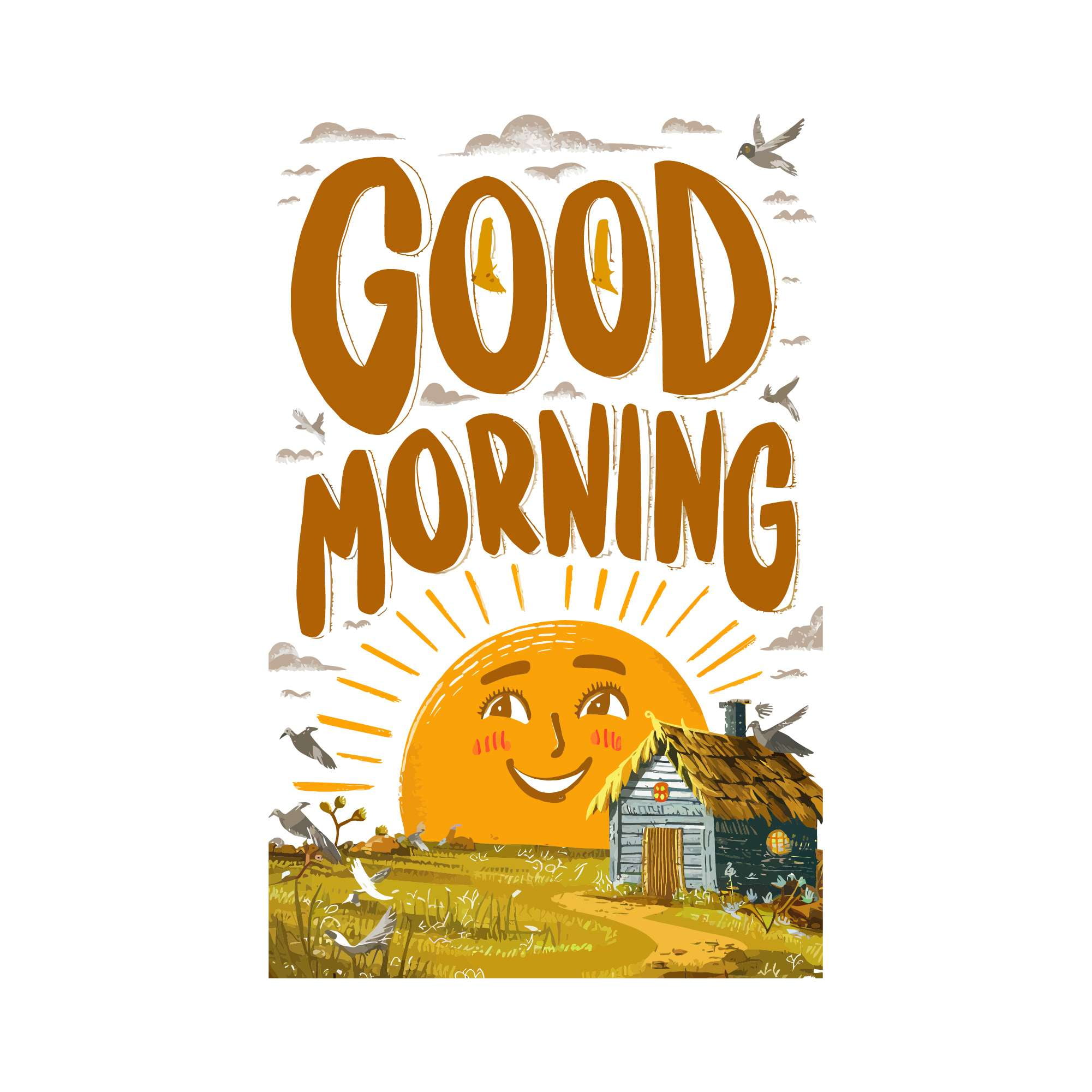 Good Morning Cottage Happy Sun Morning Greetings Quote Wall Art Sticker ...