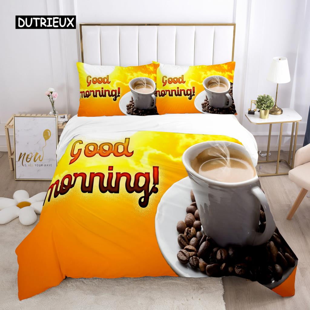 Good Morning Duvet Cover Set Microfiber Coffee Rose Cozy Breakfast Twin ...