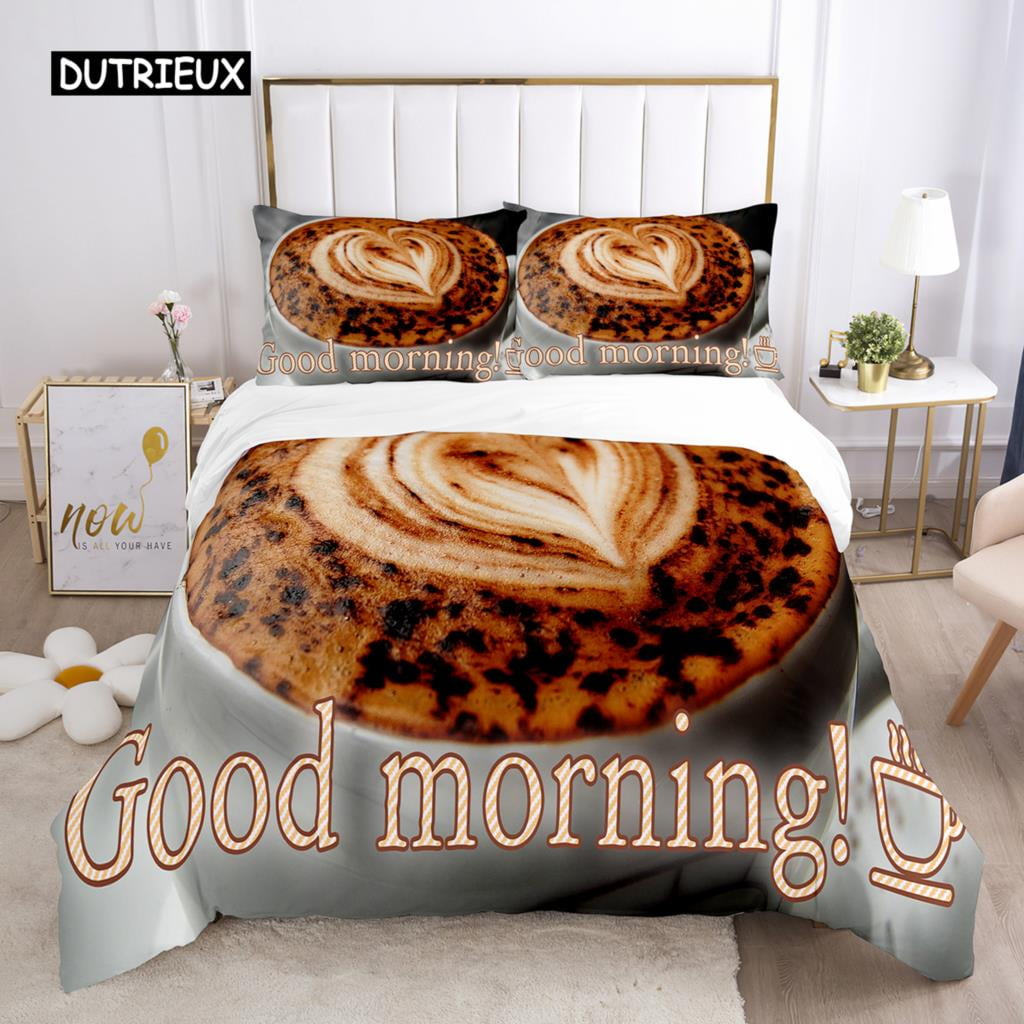 Good Morning Duvet Cover Set Microfiber Coffee Rose Cozy Breakfast Twin ...