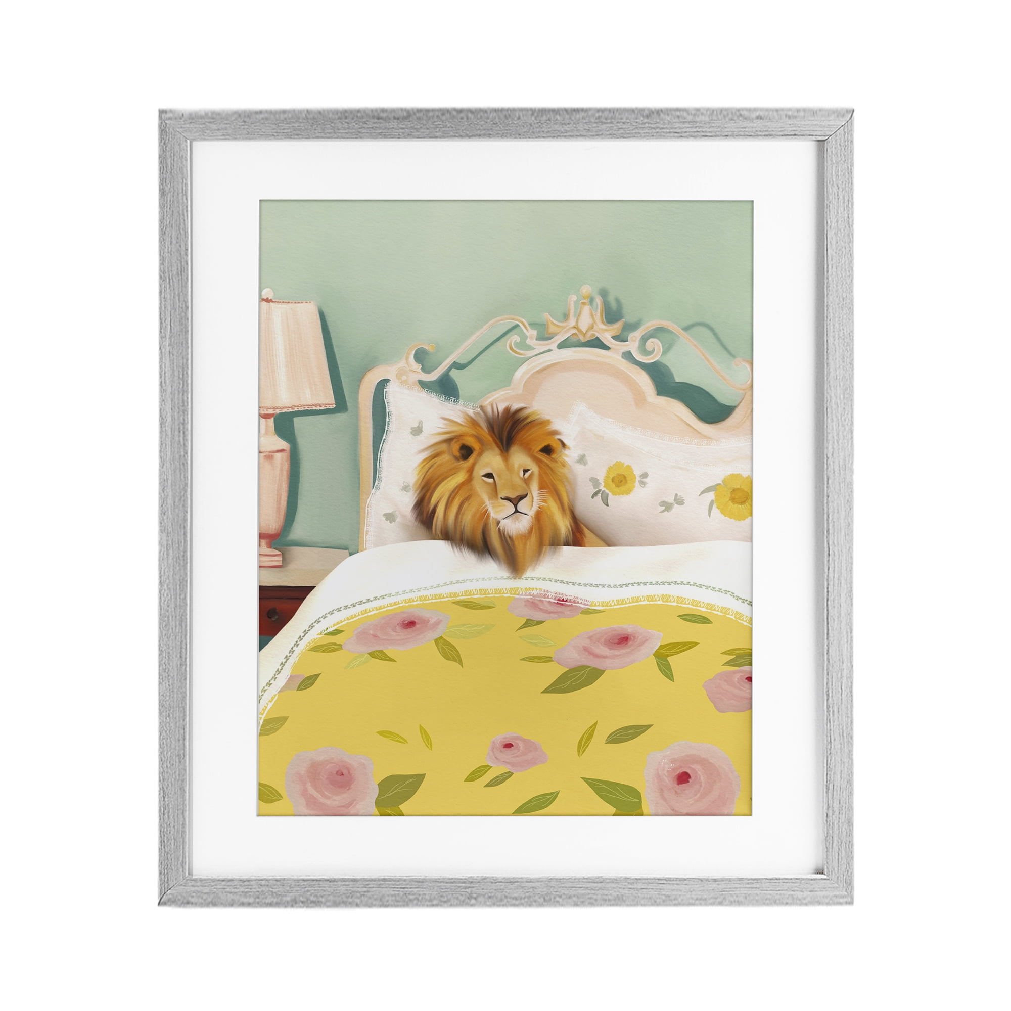 Good Morning Lion in Bed Gray Framed Print Under Glass, design by Leah ...