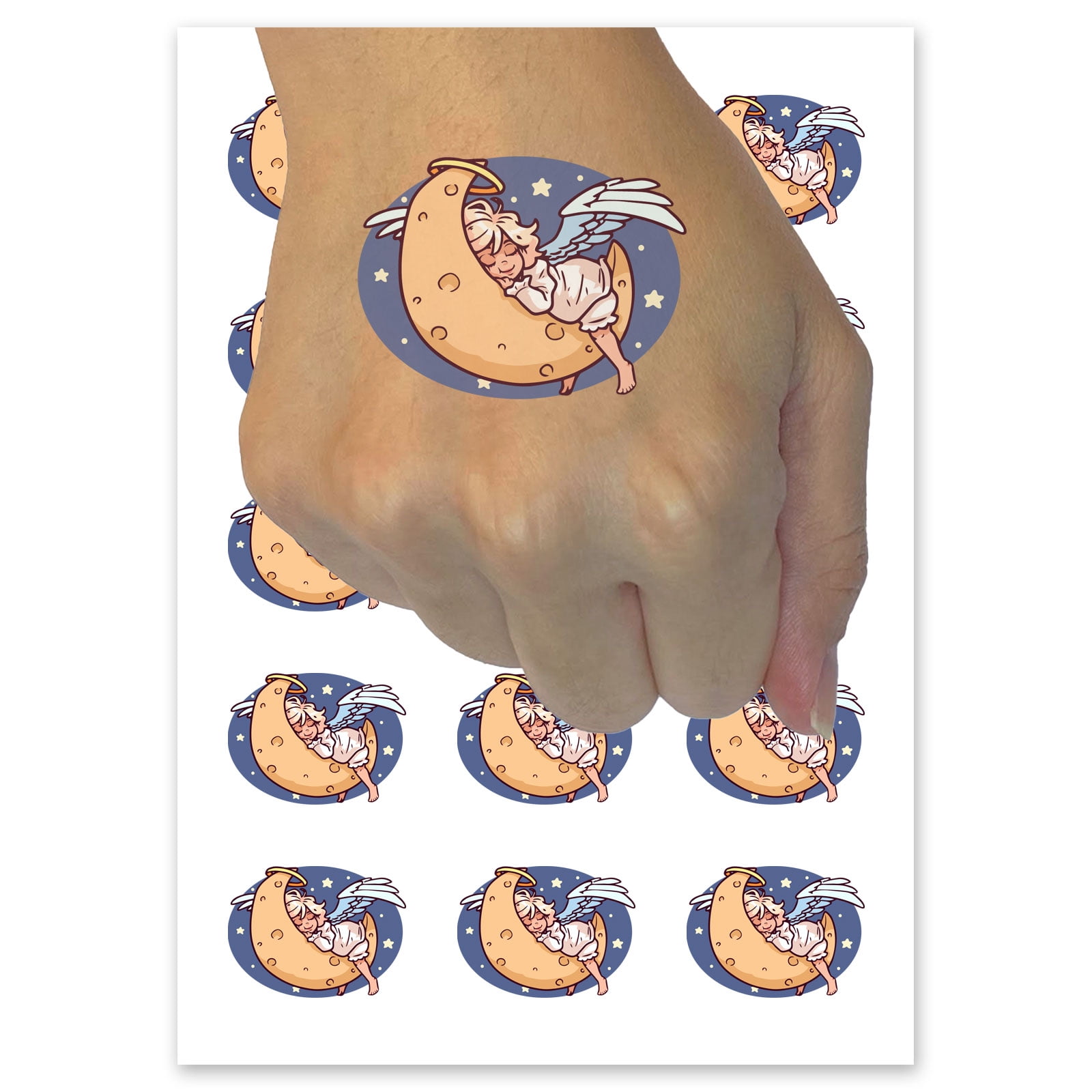 Good Night Angel Cherub Baby Sleeping on Moon Temporary Tattoo Water ...