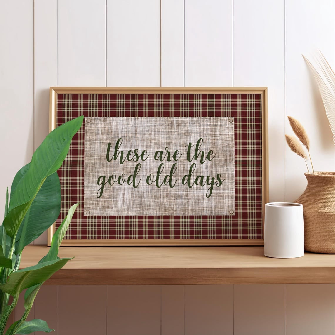 Good Old Days Gingham Green Wall Art, Retro Motivational Decor ...