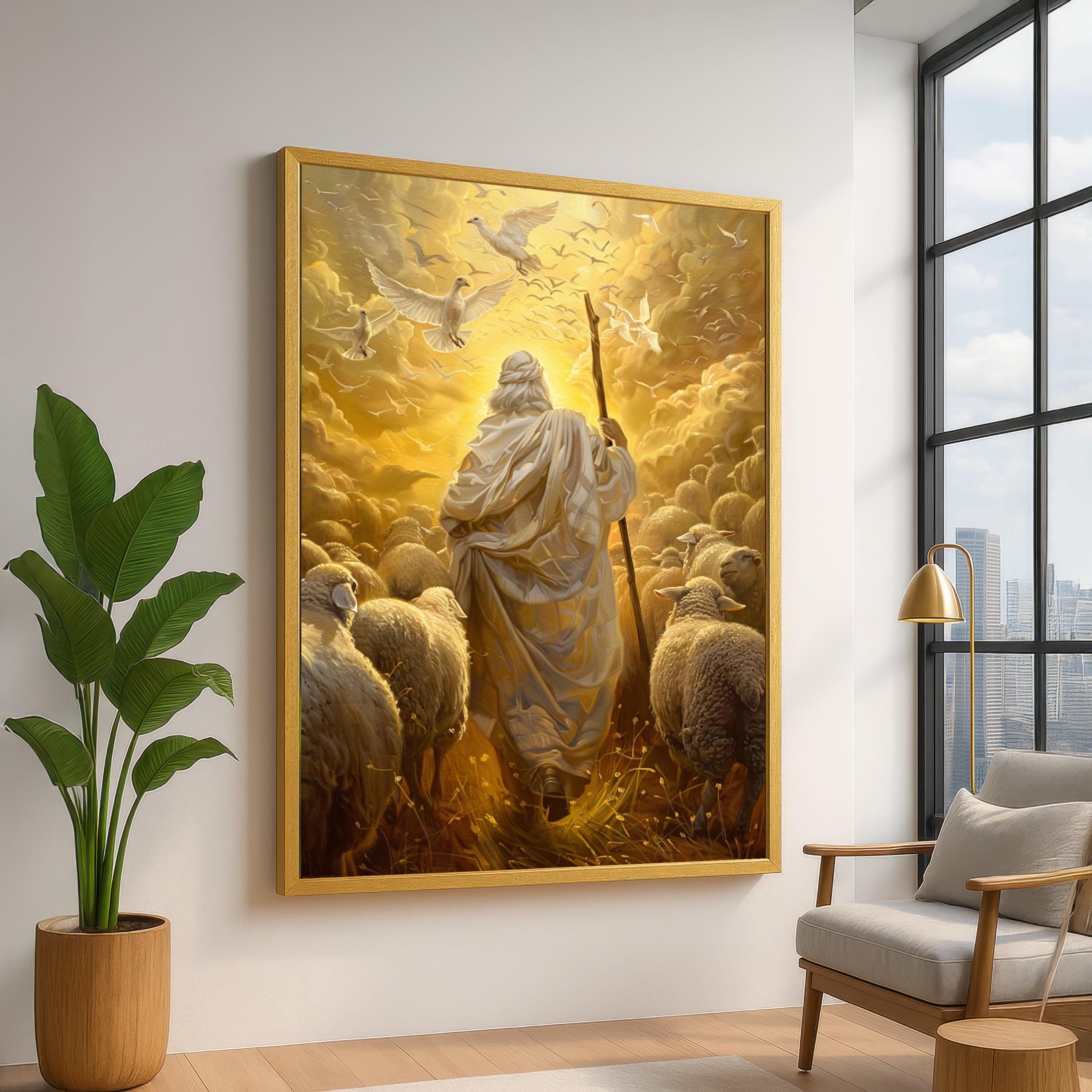 The Good Shepherd With Flock, Spiritual Wall Art, Religious Sheep And ...