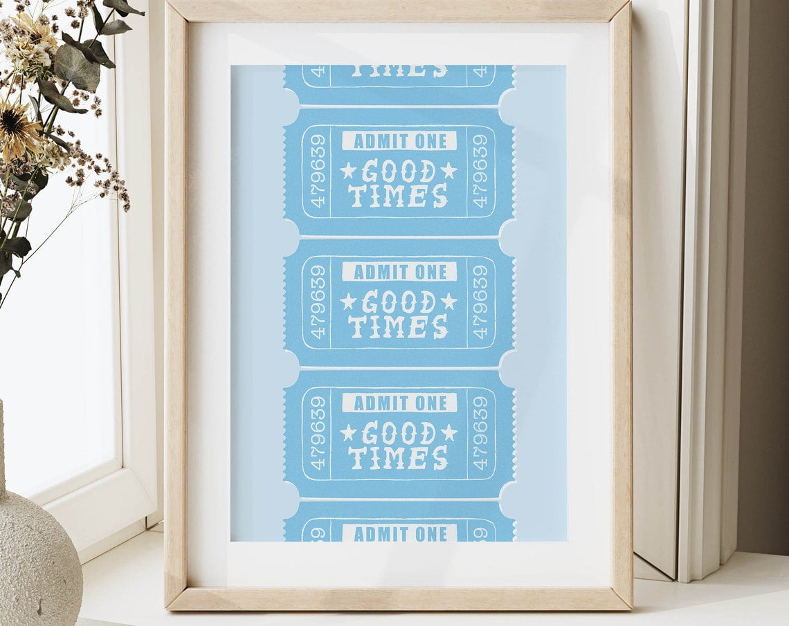 Good Times Ticket Blue Wall Art Print Preppy Dorm Decor Bar Cart Art ...