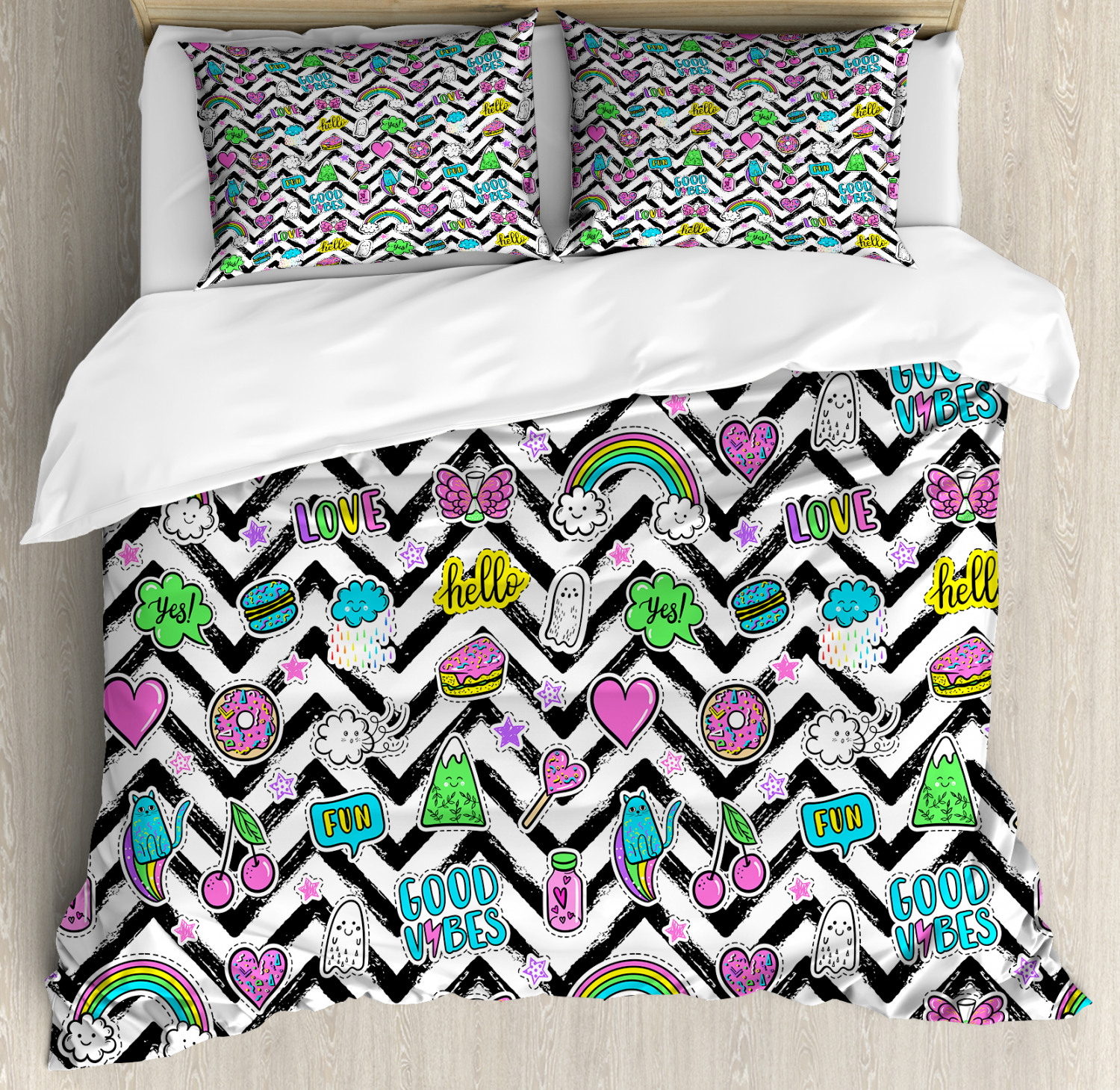 Good Vibes Duvet Cover Set King Size, Black Zigzags with Colorful ...