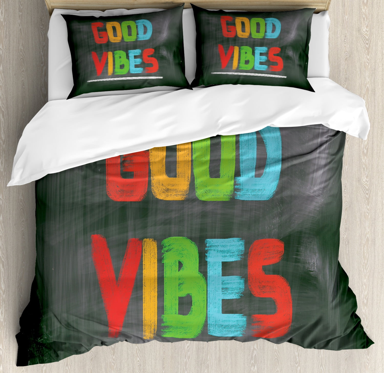 Good Vibes Duvet Cover Set King Size, Colorful Chalk Writing on ...