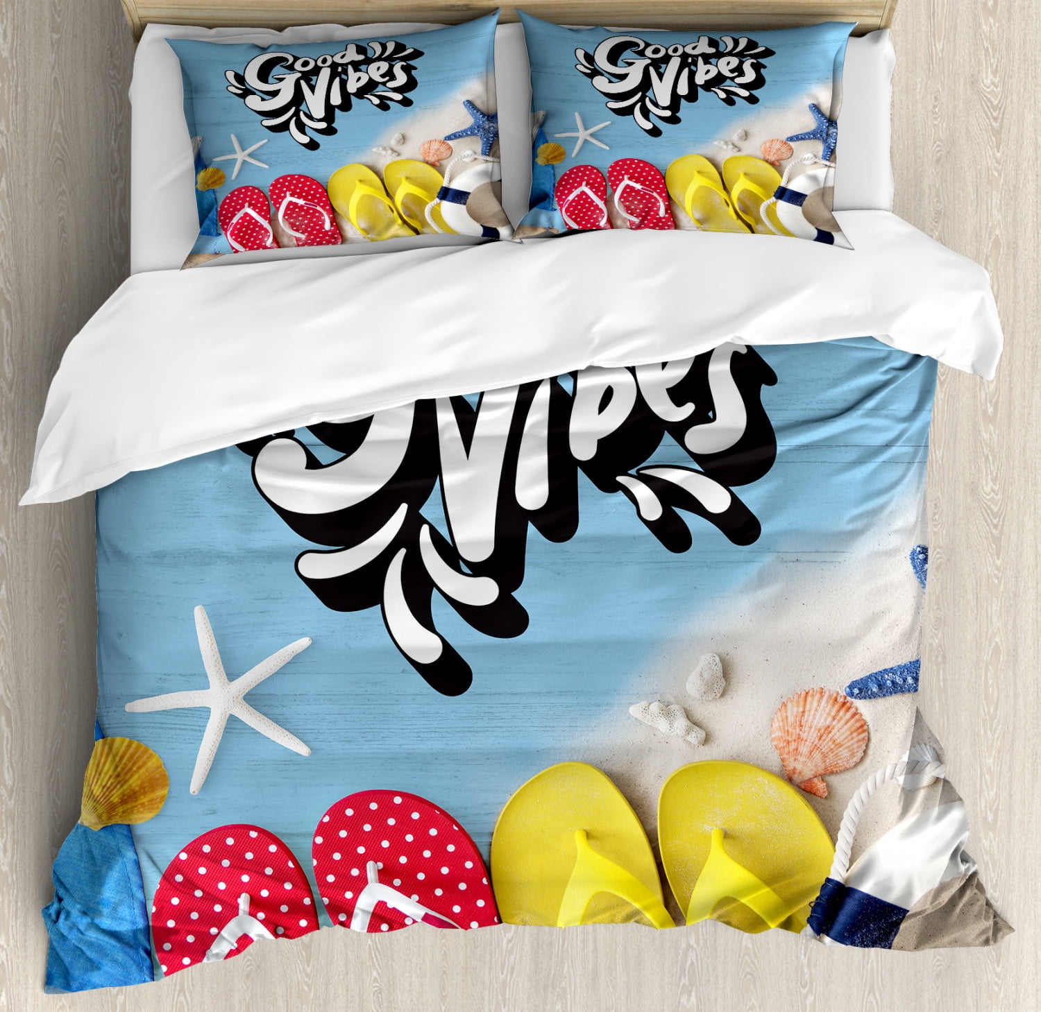 Good Vibes Duvet Cover Set Queen Size, Flip Flops and Ocean Marine ...