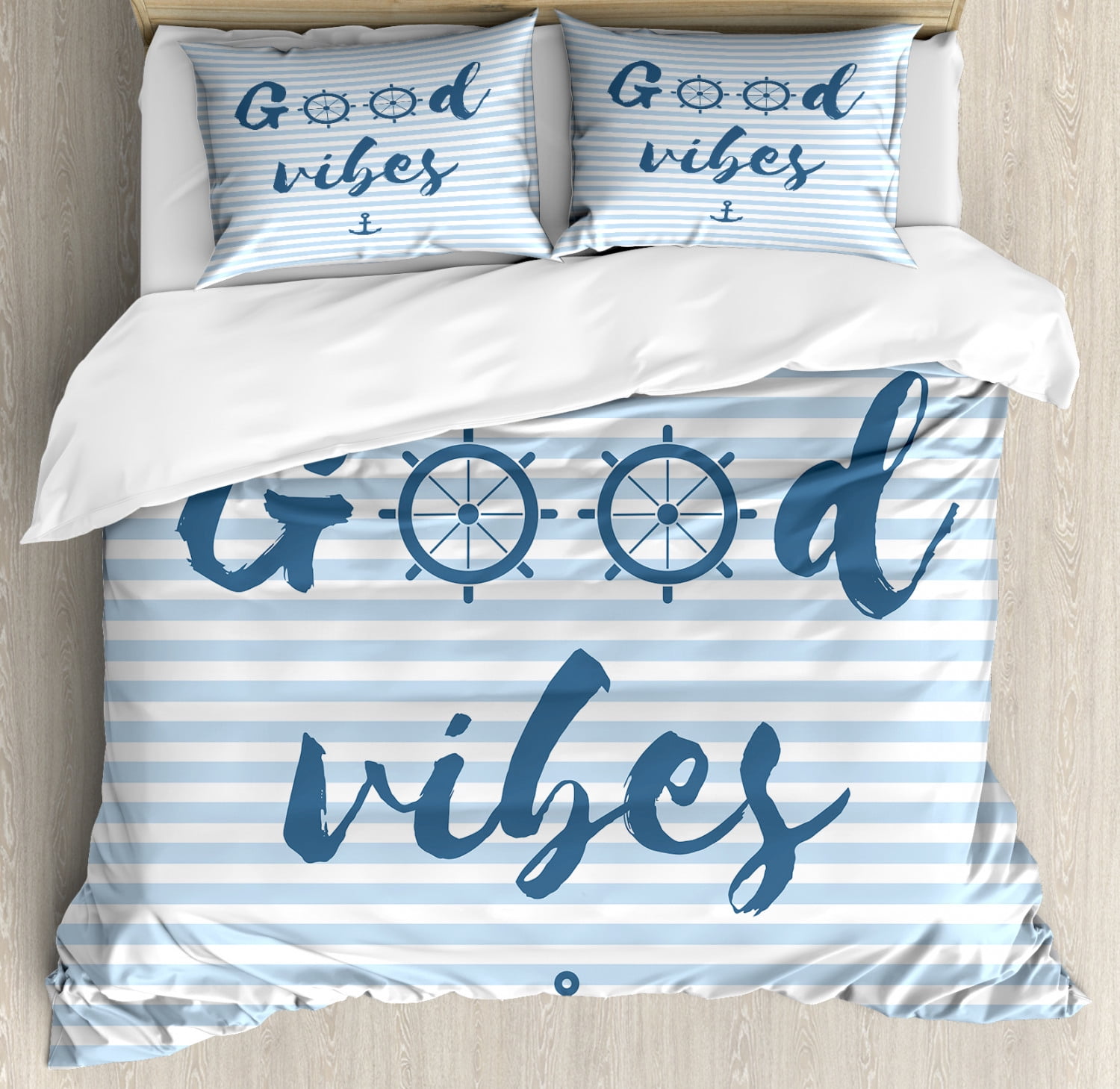 Good Vibes Duvet Cover Set Queen Size, Nautical Design with Stripes ...