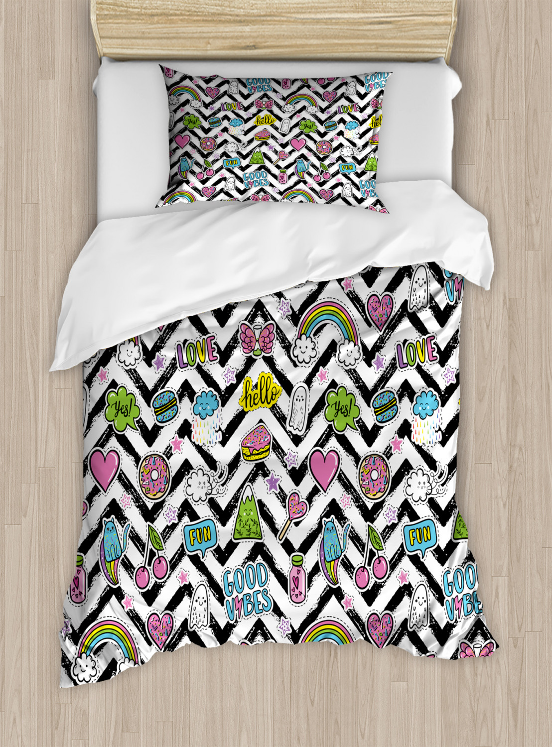 Good Vibes Duvet Cover Set Twin Size, Black Zigzags with Colorful ...