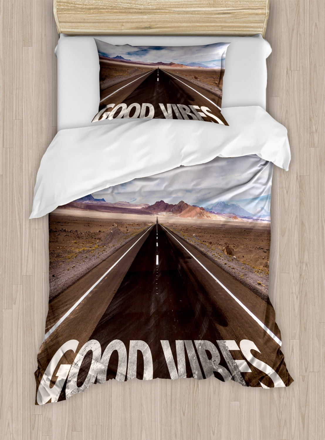 Good Vibes Duvet Cover Set Twin Size, Inspirational Phrase on Highway ...