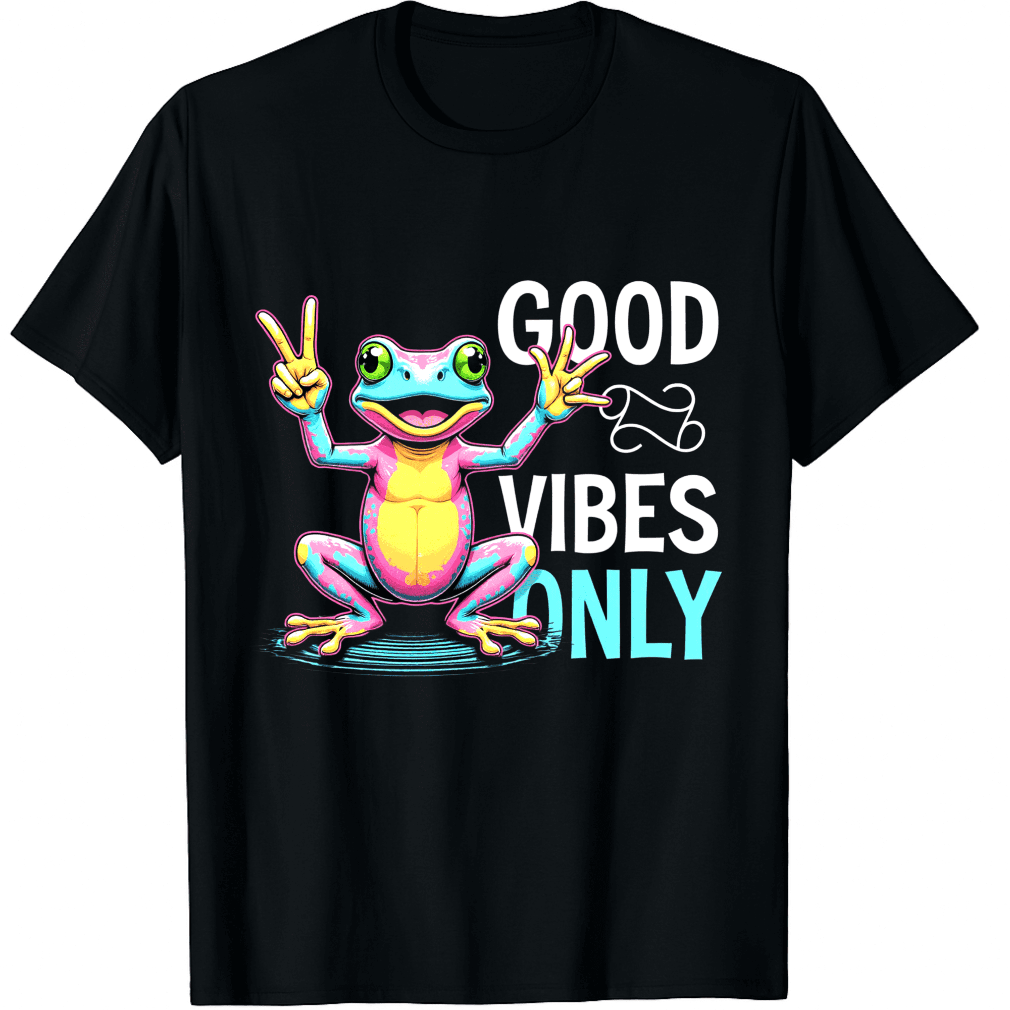 Good-Vibes Only Swirl Frog Peace Sign Graphic Black T-Shirt for Men and ...