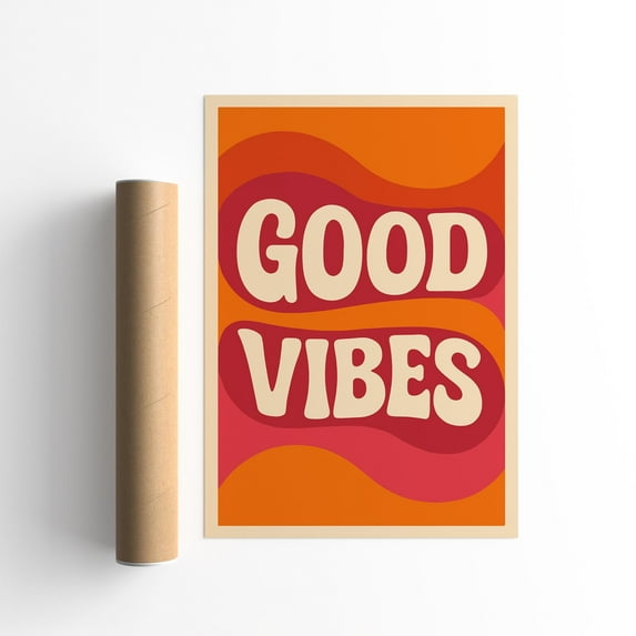 Good Vibes Quote Poster: 70S Retro Pink Orange Wavy Wall Art UNFRAMED ...