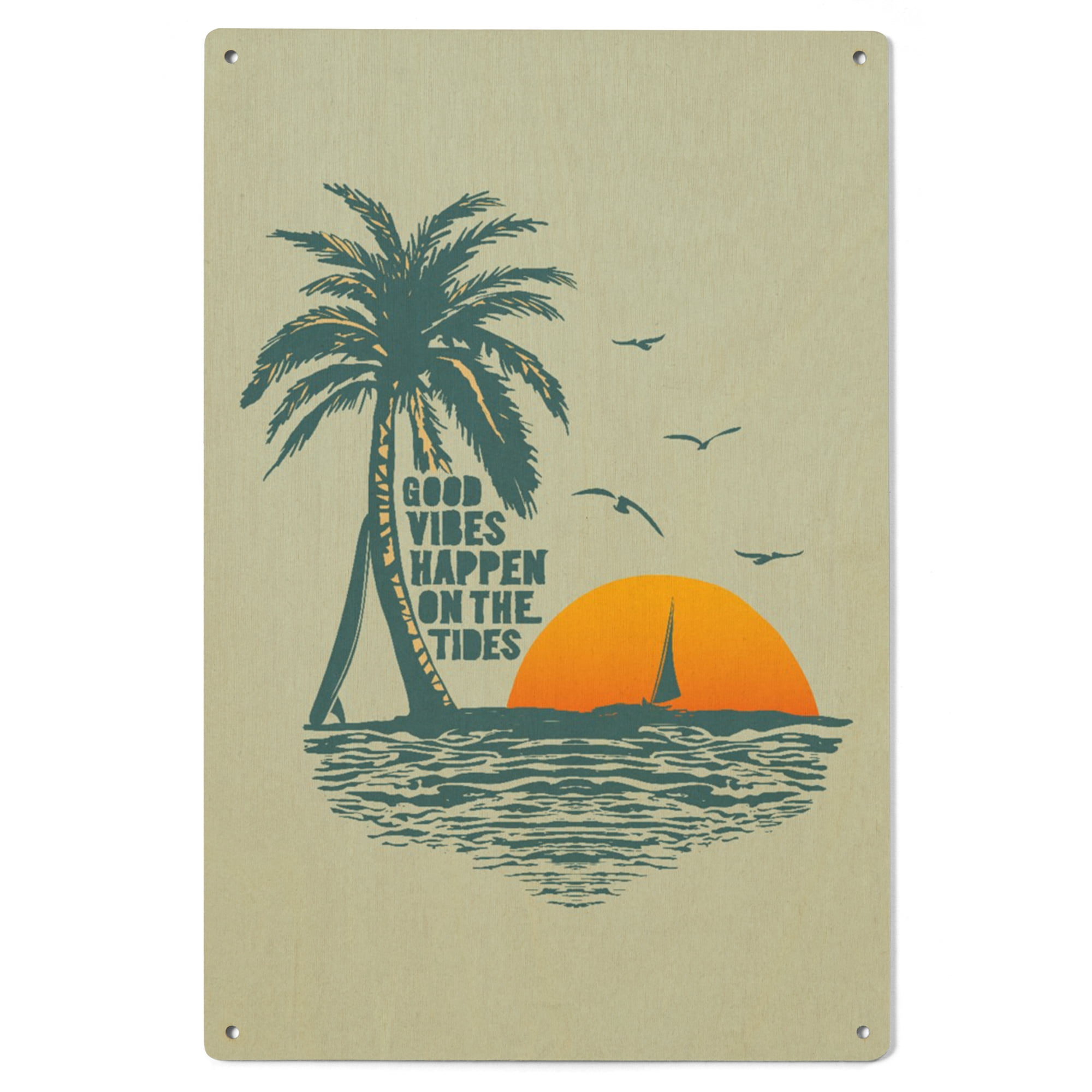 Good Vibes, Sunset with Palm Tree Birch Wood Wall Sign (6x9 Rustic Home ...