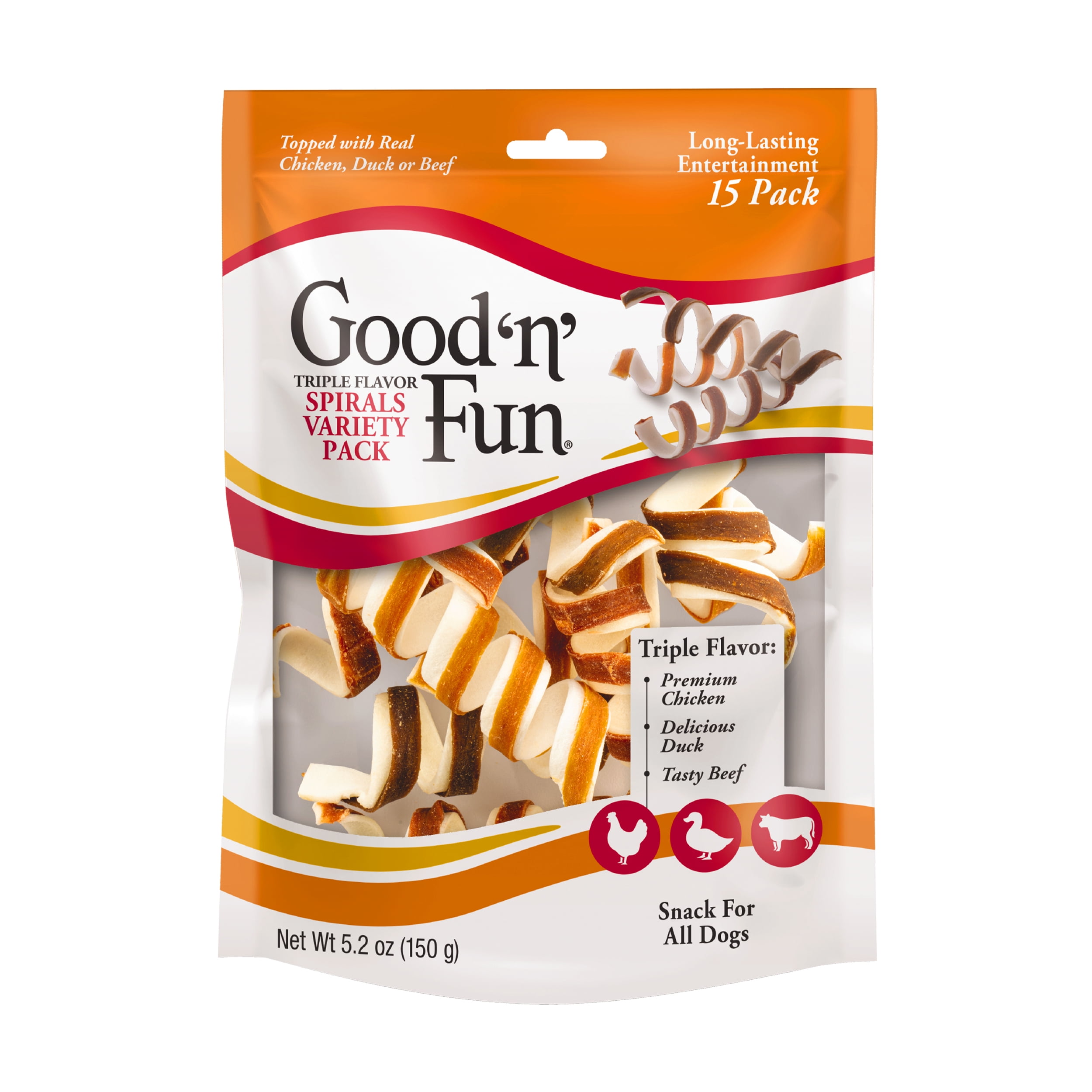 Good ’n’ Fun Triple Flavor Spirals Treats Pack, 20 Count Rawhide Chews ...