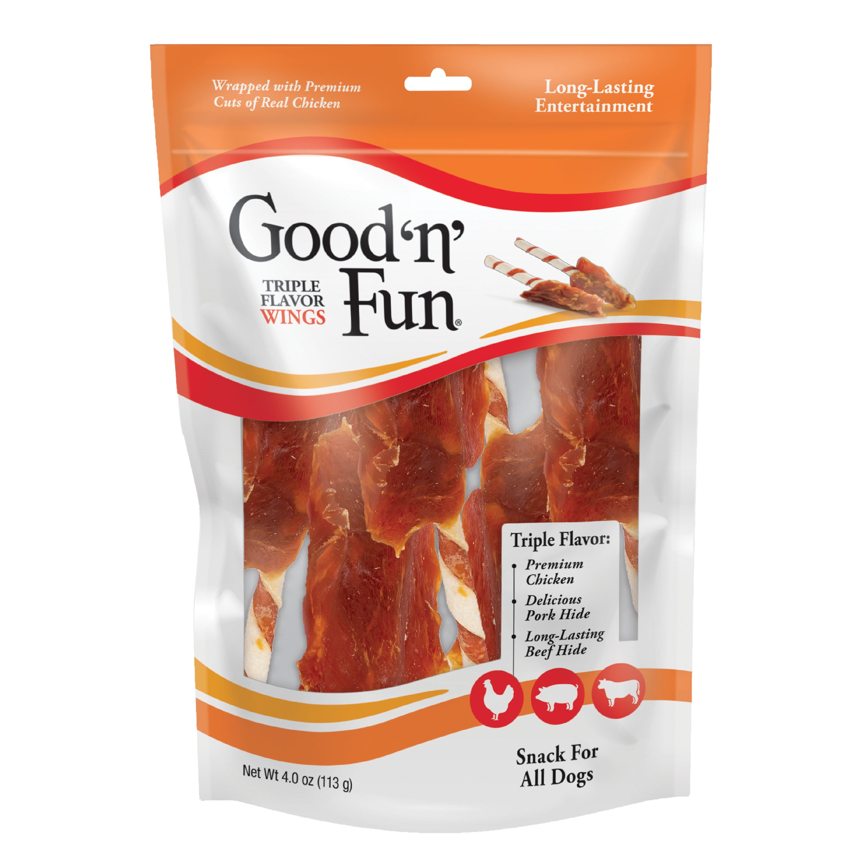 Good ’n’ Fun Triple Flavor Wings - All-Natural Rawhide Chews with Pork ...