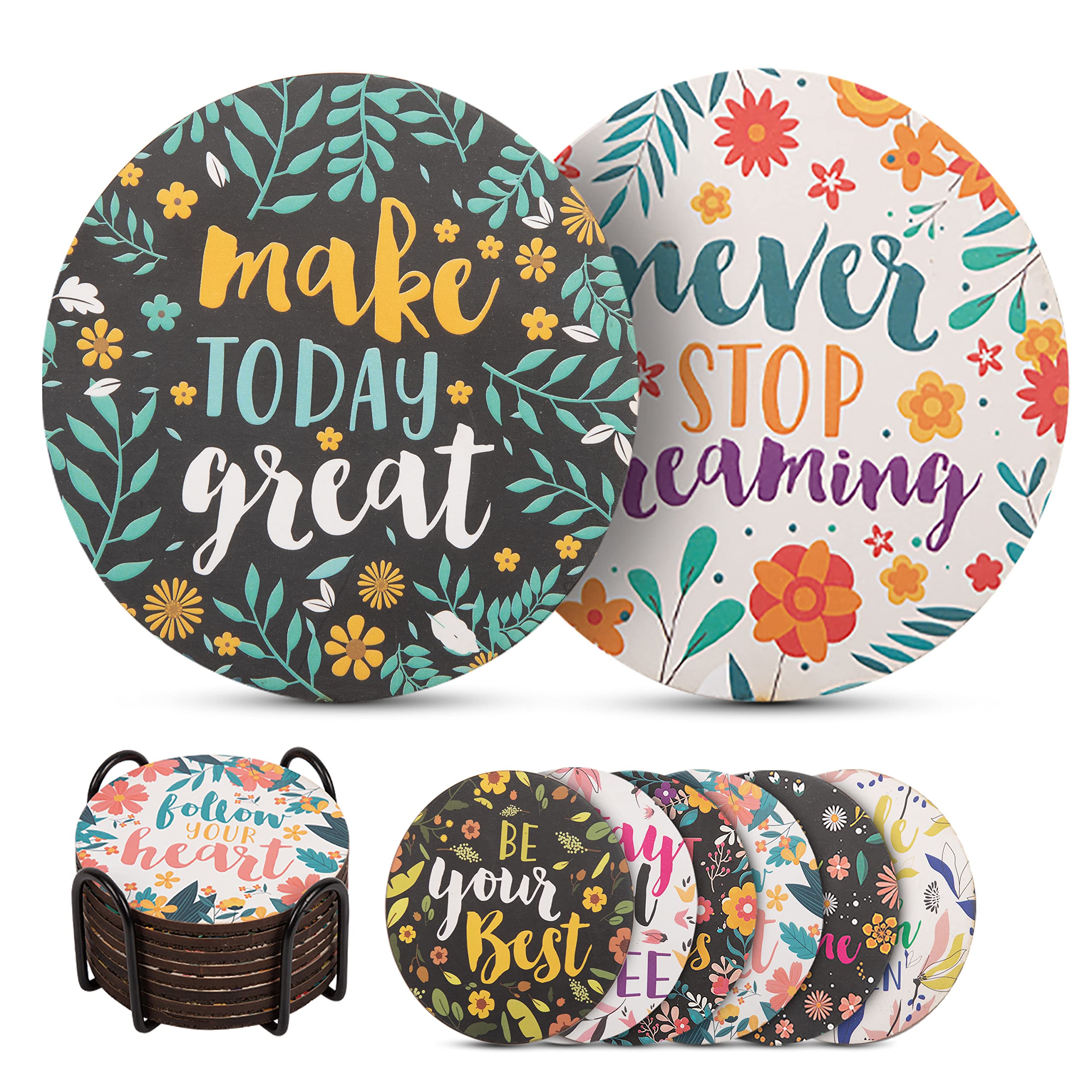 Good vibes Coasters for Drinks - Set of 8 Holder, Absorbent Cork Base ...