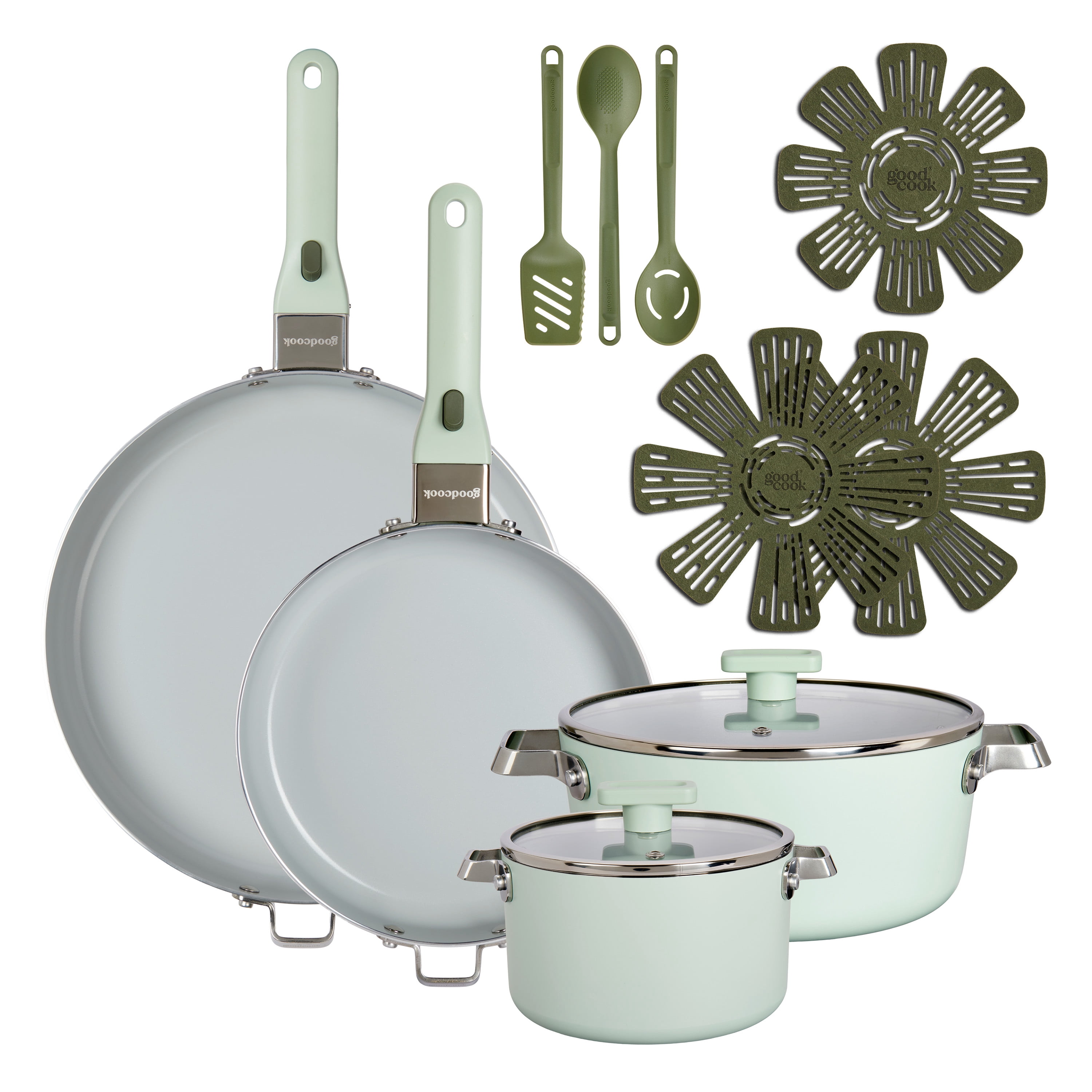 GoodCook, Cookware Set, 14pc, Ceramic Nonstick Space-Saving Sage Green ...