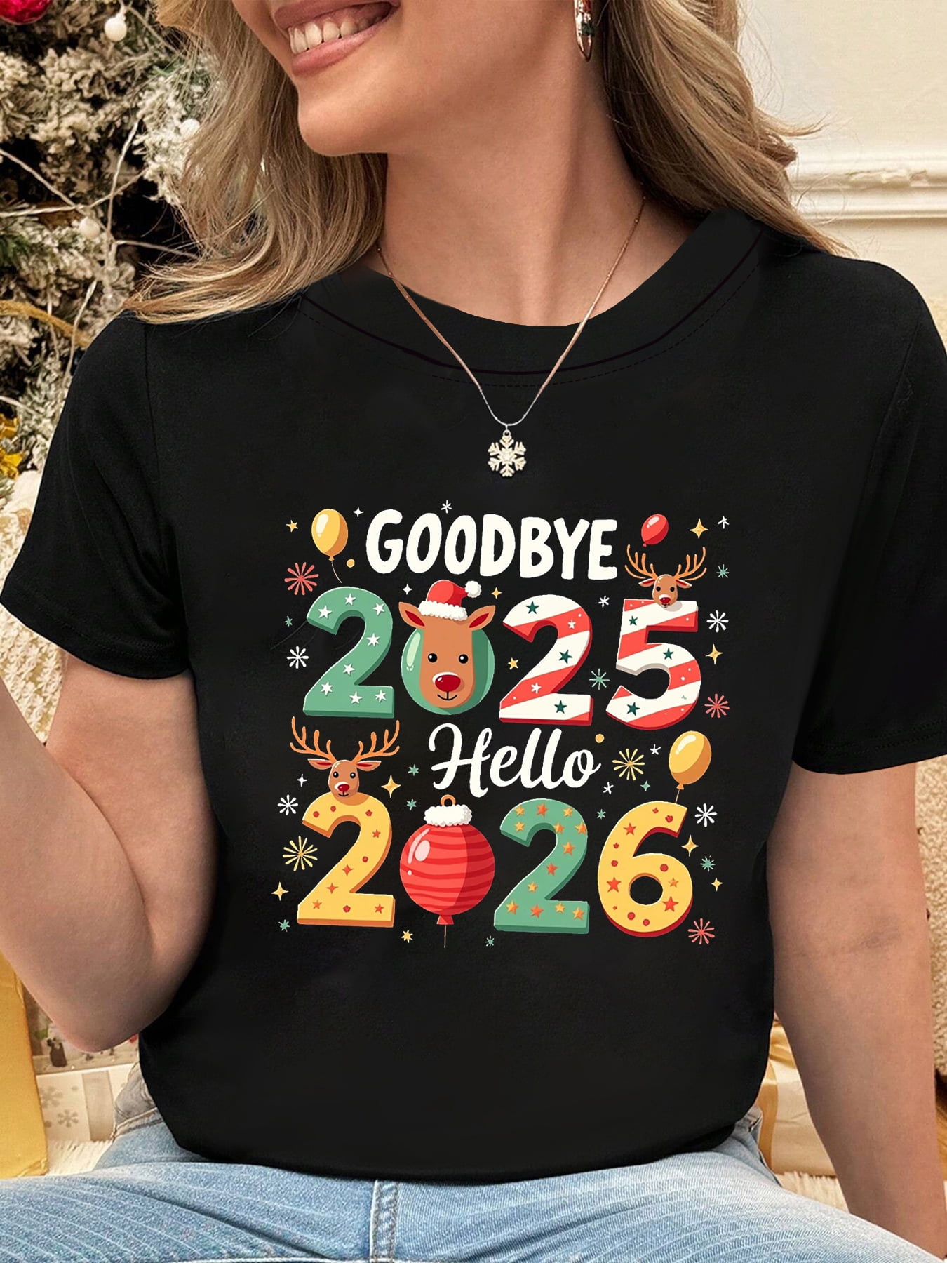 Goodbye 2025 Hello 2026 Christmas Reindeer and Balloon Design New Years ...