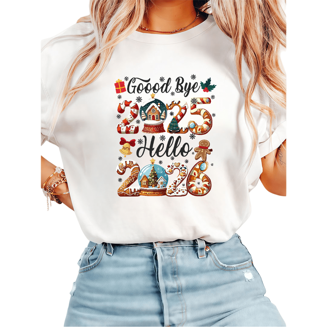 Goodbye 2025 Hello 2026 Gingerbread Theme Graphic Tee T Shirt Tops breathability Short Sleeve ...