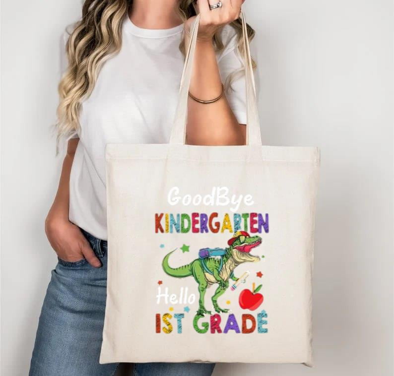 Goodbye Kindergarten Hello 1st Grade Tote Bag Cute Dinosaur Design, a ...