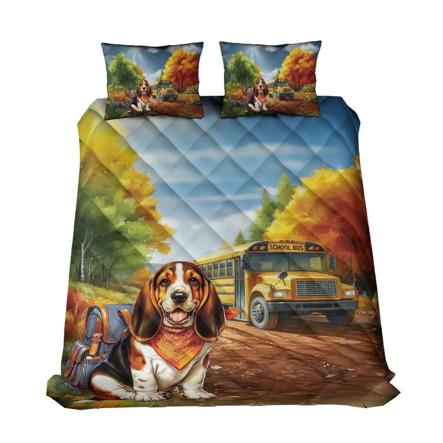 Goodbye Summer Basset Hound Hello Fall Time for School Quilt Bedding ...