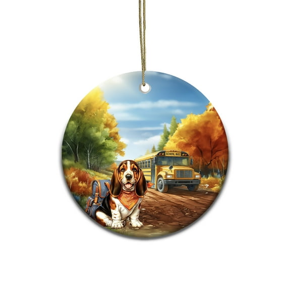 Goodbye Summer Basset Hound Hello Fall Time for School Ceramic Round ...