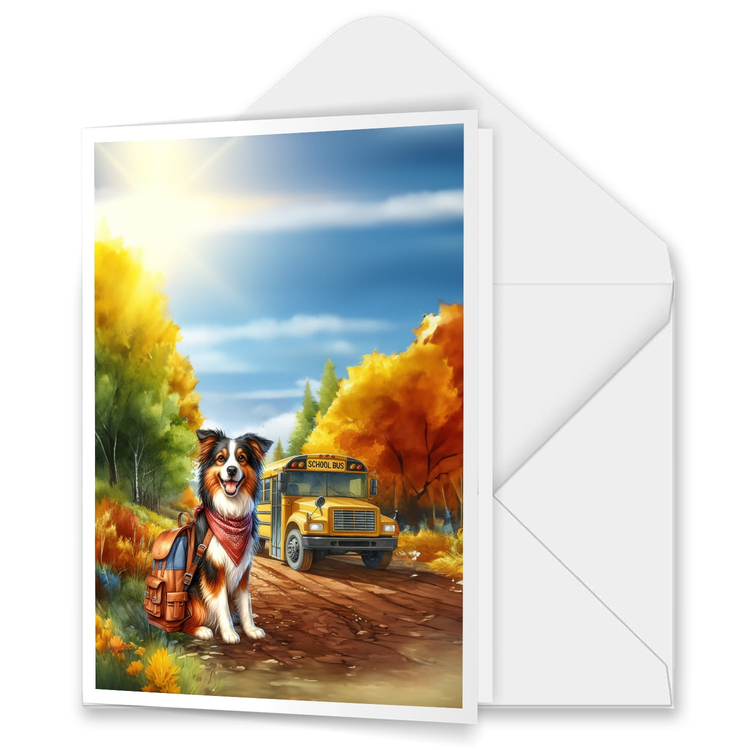 Goodbye Summer Border Collie Hello Fall Time for School 5x7in Folded Greeting Card Borders Dog ...
