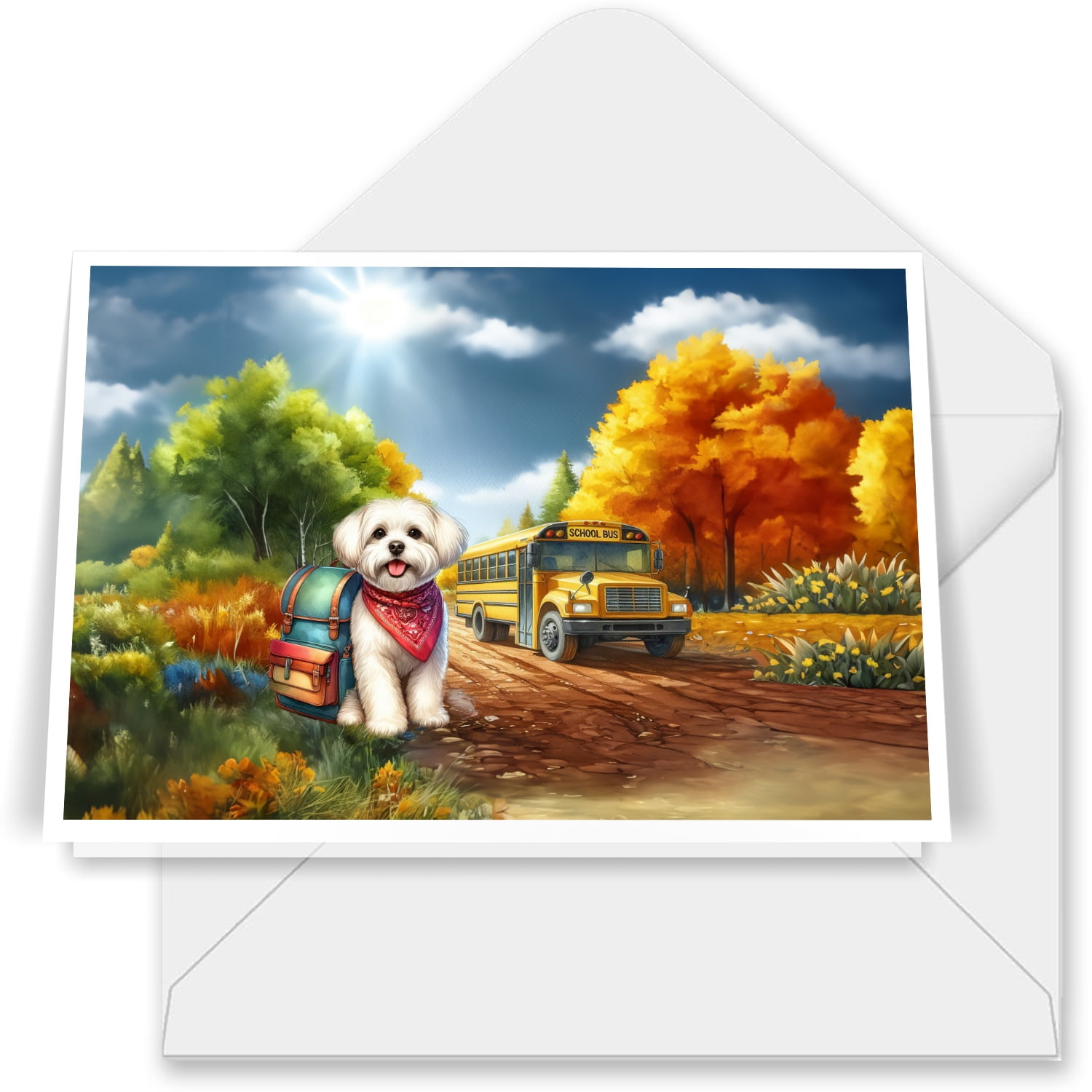 Goodbye Summer Maltese Hello Fall Time for School 7x5in Folded Greeting ...