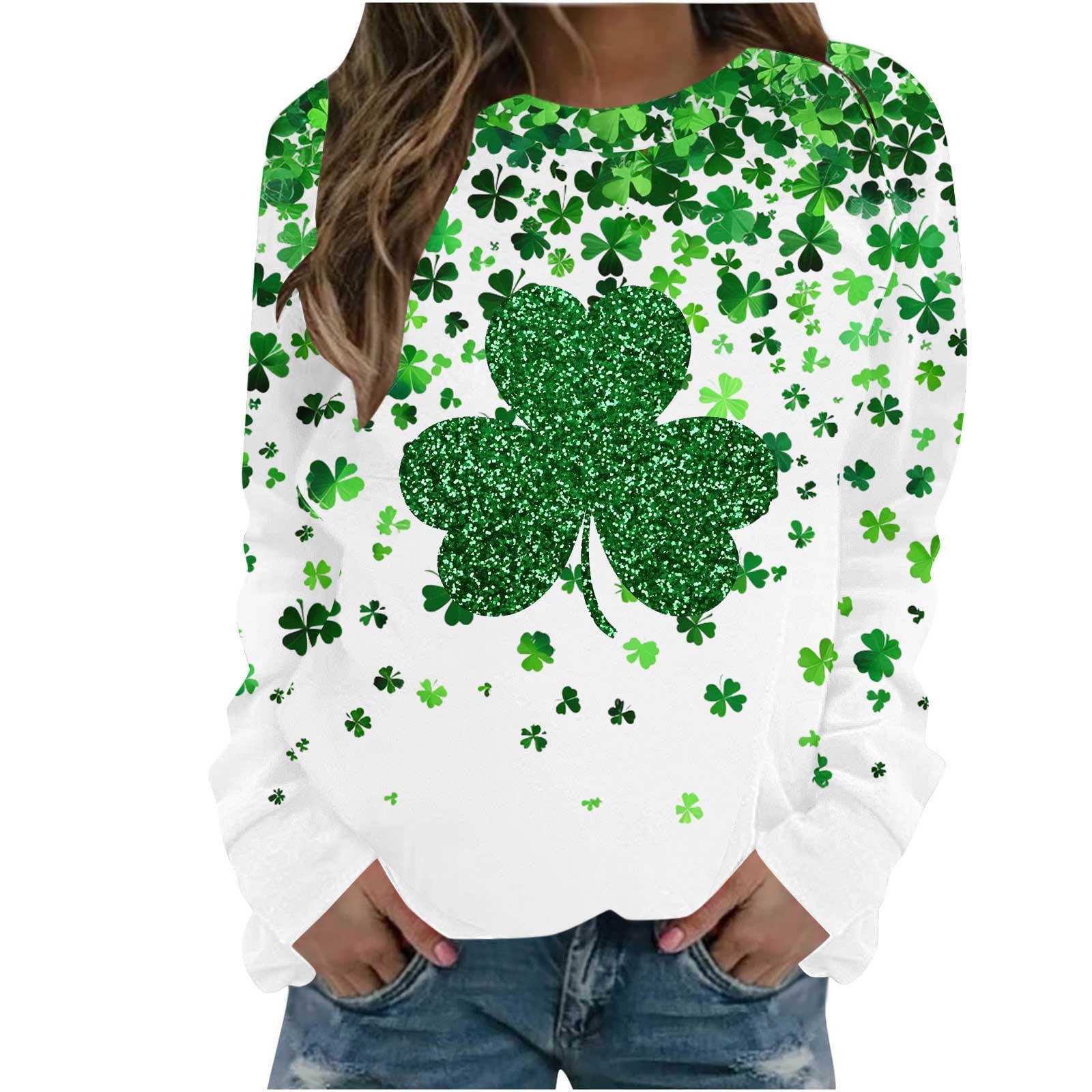 2025 Women St. Patrick's Day Sweatshirts Lucky Shamrock Shirt Clover Sequin Glitter Graphic ...