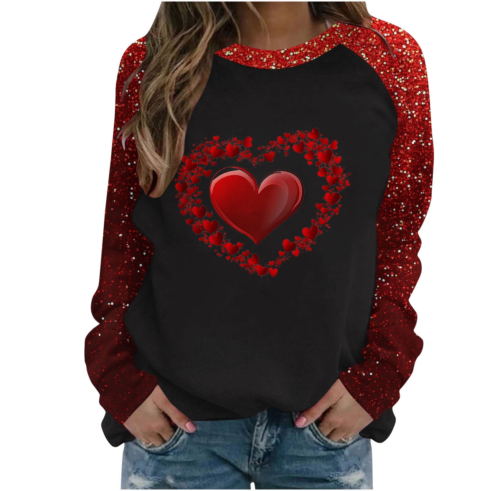 Womens Valentines Sequin Tops Love Heart Graphic Valentine's Day Womens ...