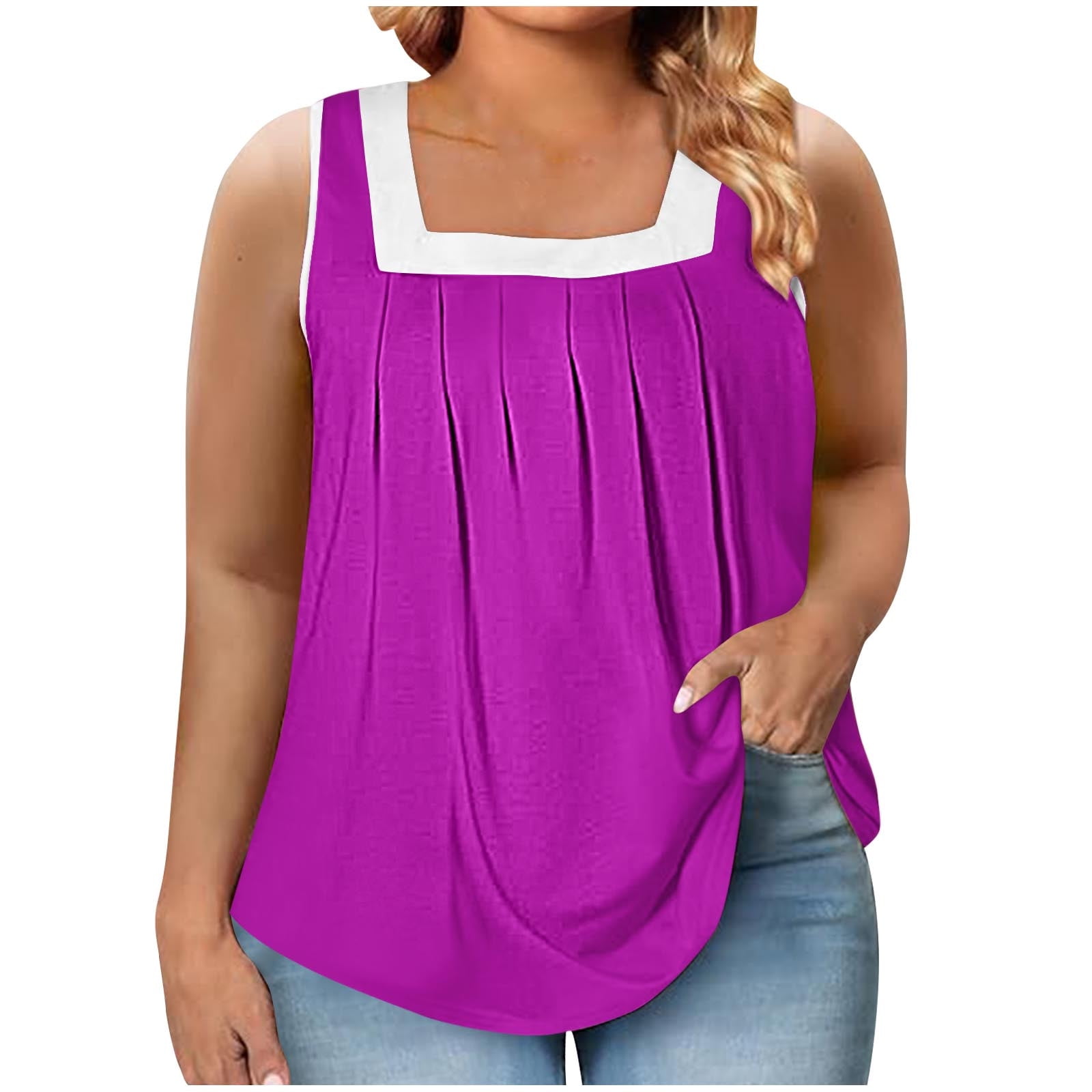 Plus Size Tank Tops Womens Summer Cute Camisole 2025 Pleated Flowy Shirts Color Block Square ...