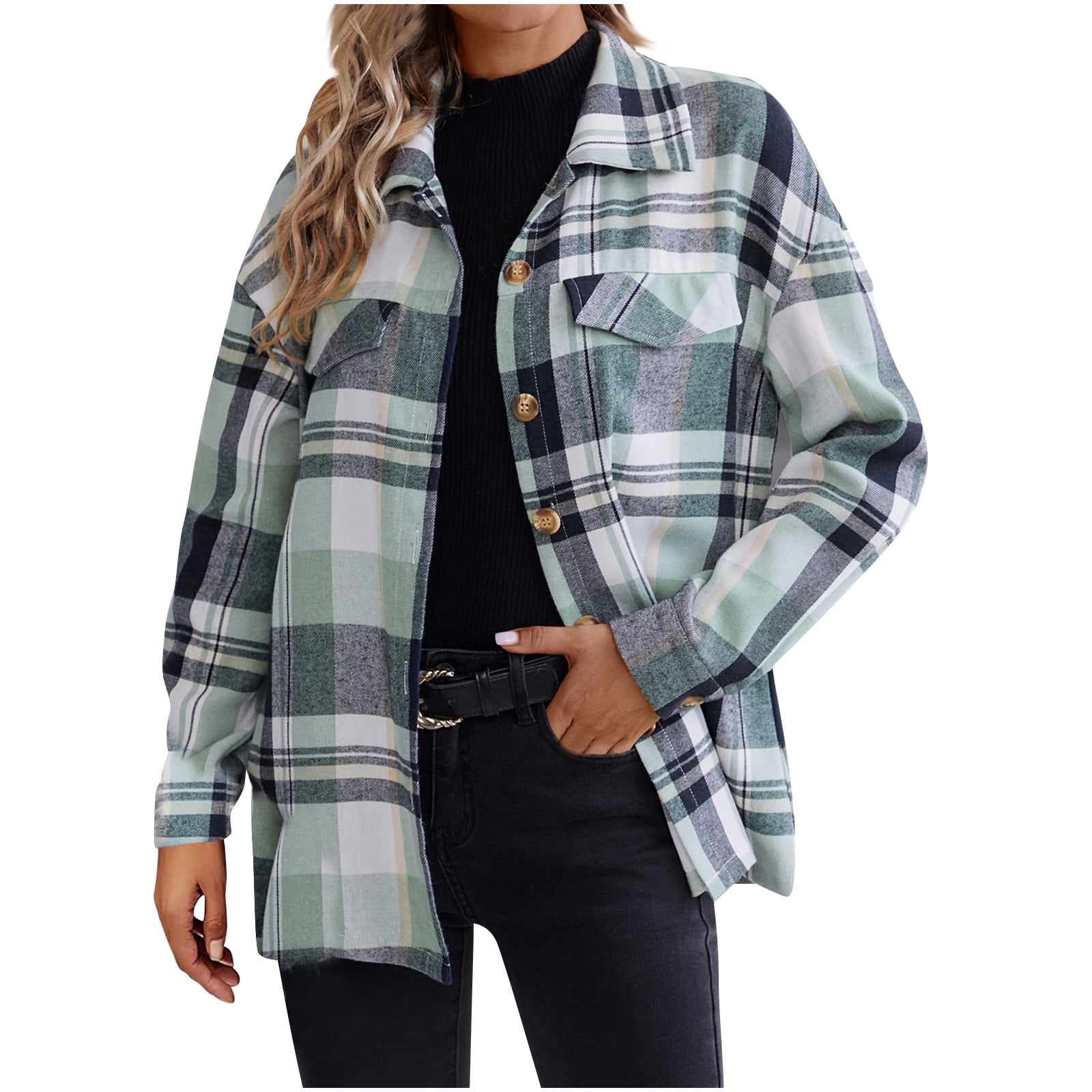 Flannel Plaid Shacket for Women Long Sleeve Button Down Shirts Jacket ...
