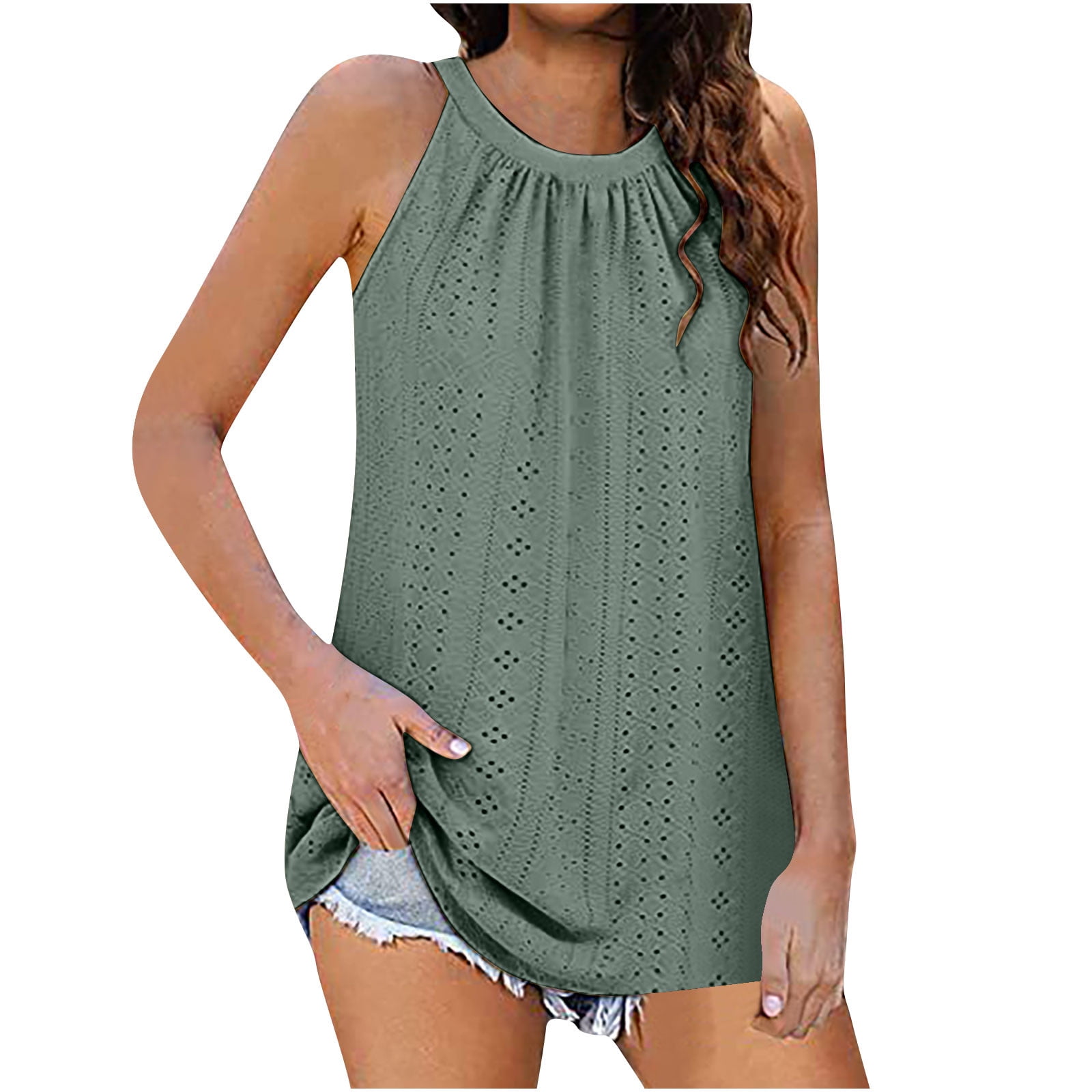 Goodeals Womens Eyelet Embrodiery Halter Tank Tops Loose Fit Pleated ...