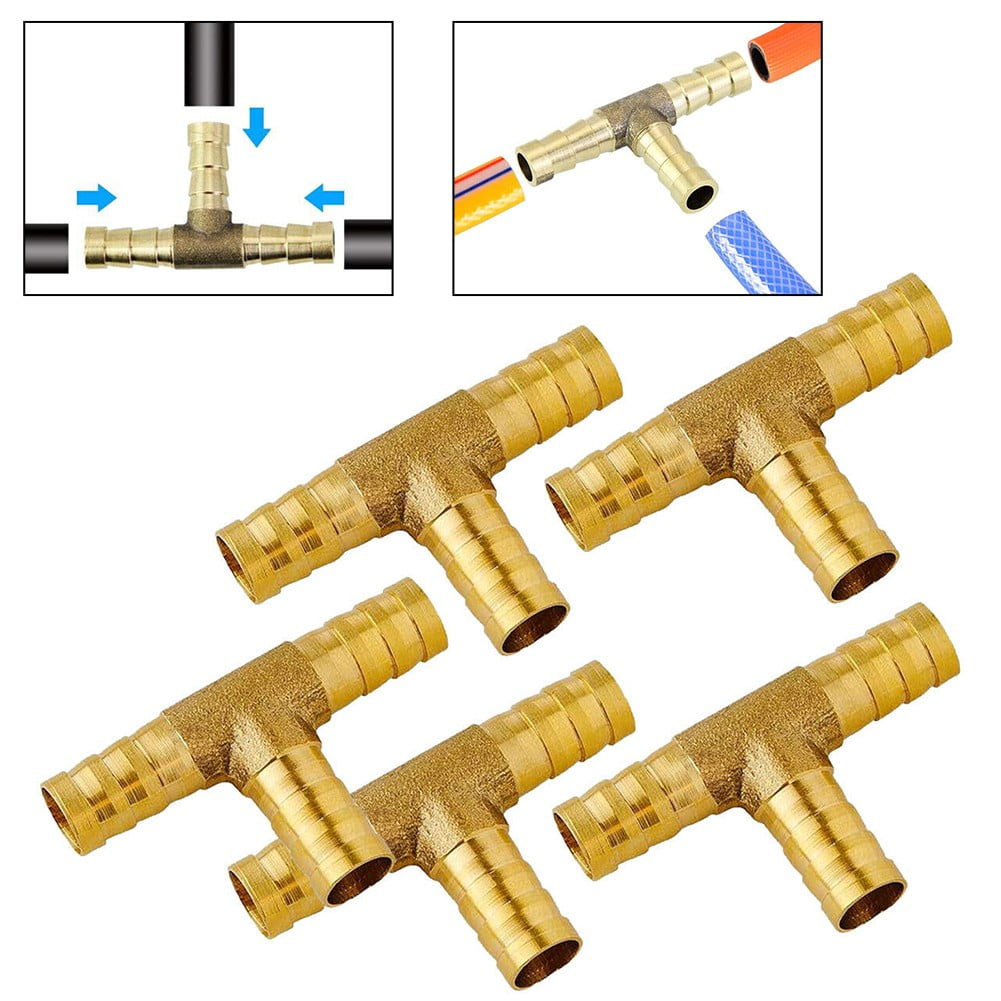 Goodhd 5Pc Brass Tee 3Way Air Hose Joiner Fuel Pipe Fitting Barbed ...