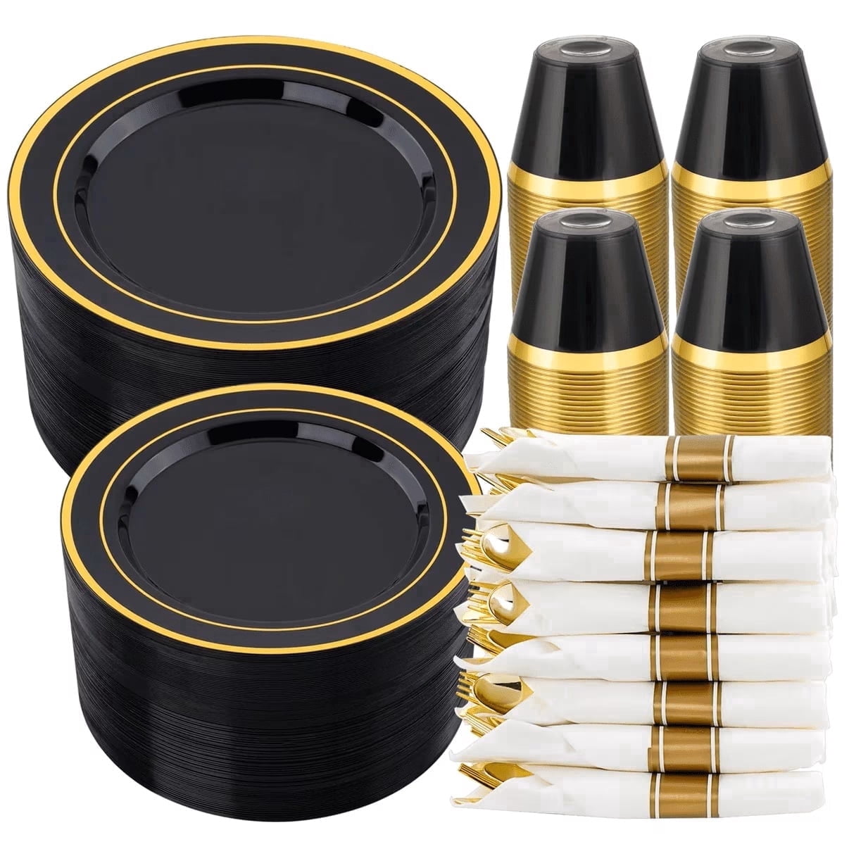 Goodluck 350 Piece Black Gold Plastic Dinnerware Set for 50 Guests ...