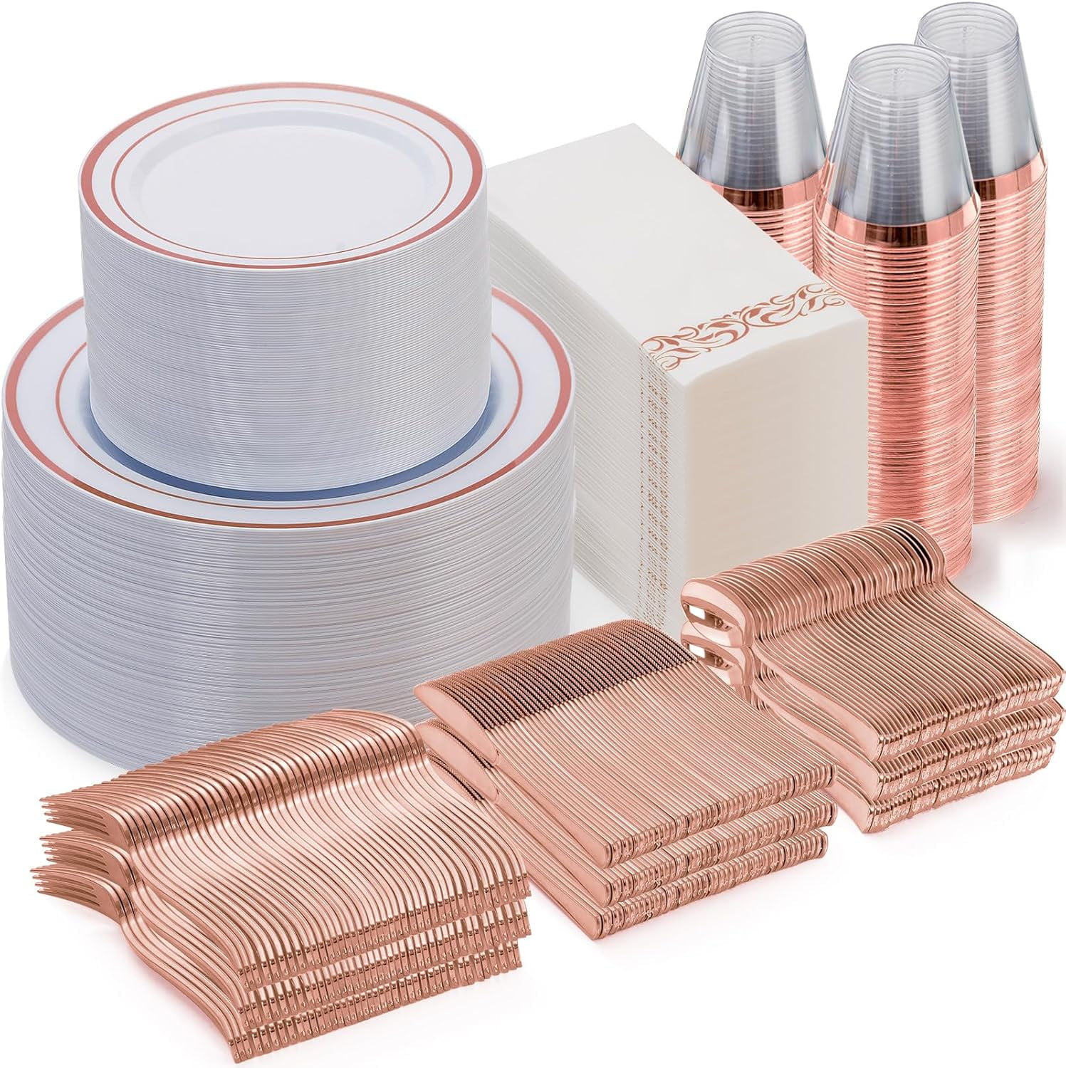 Goodluck 700 Piece Rose Gold Dinnerware Set for 100 Guests, Plastic ...