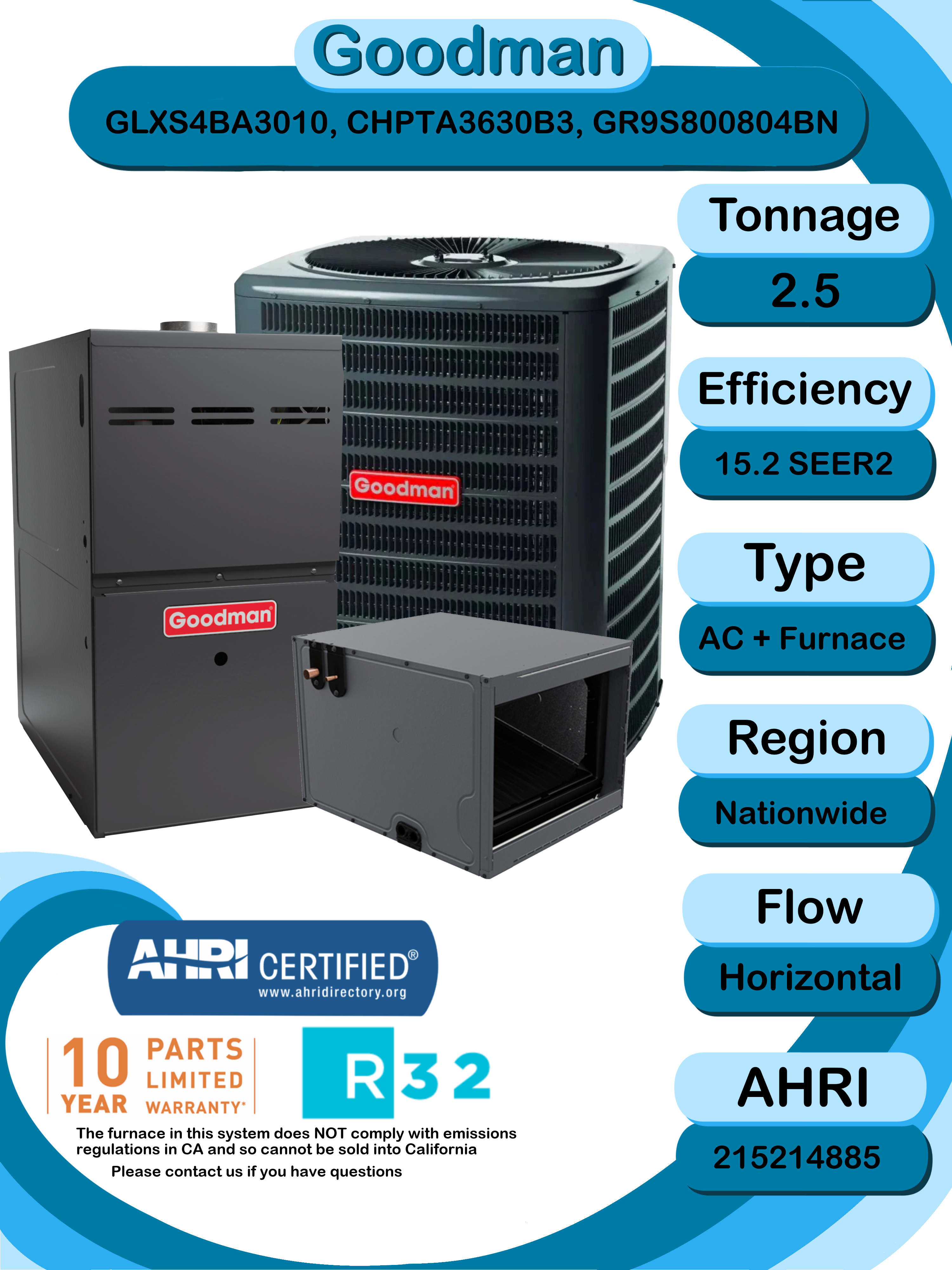 Goodman 2.5 ton 15.2 SEER2 Complete Split System with horizontal coil ...