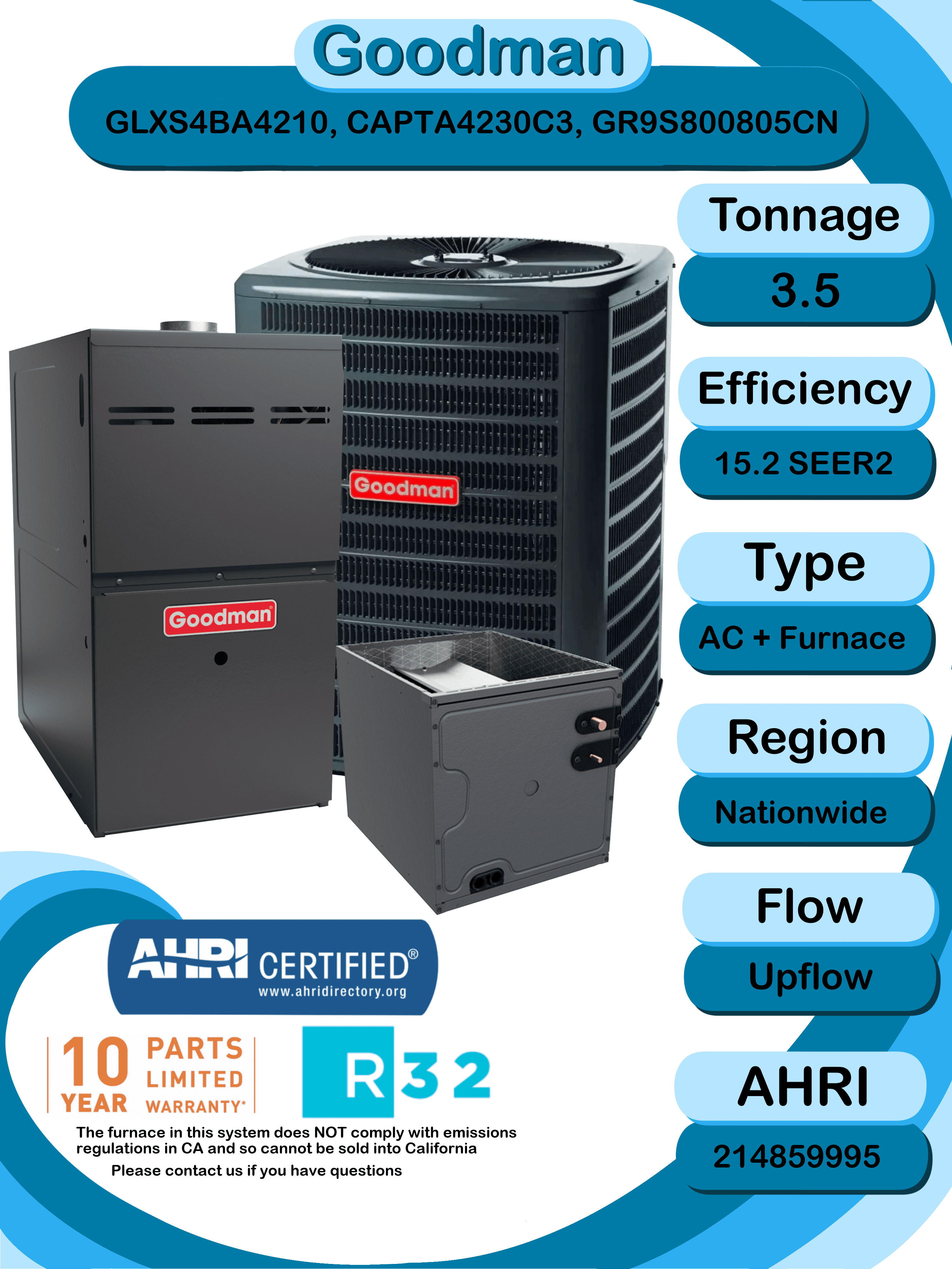 Goodman 3.5 ton 15.2 SEER2 Complete Split System with upflow coil and ...