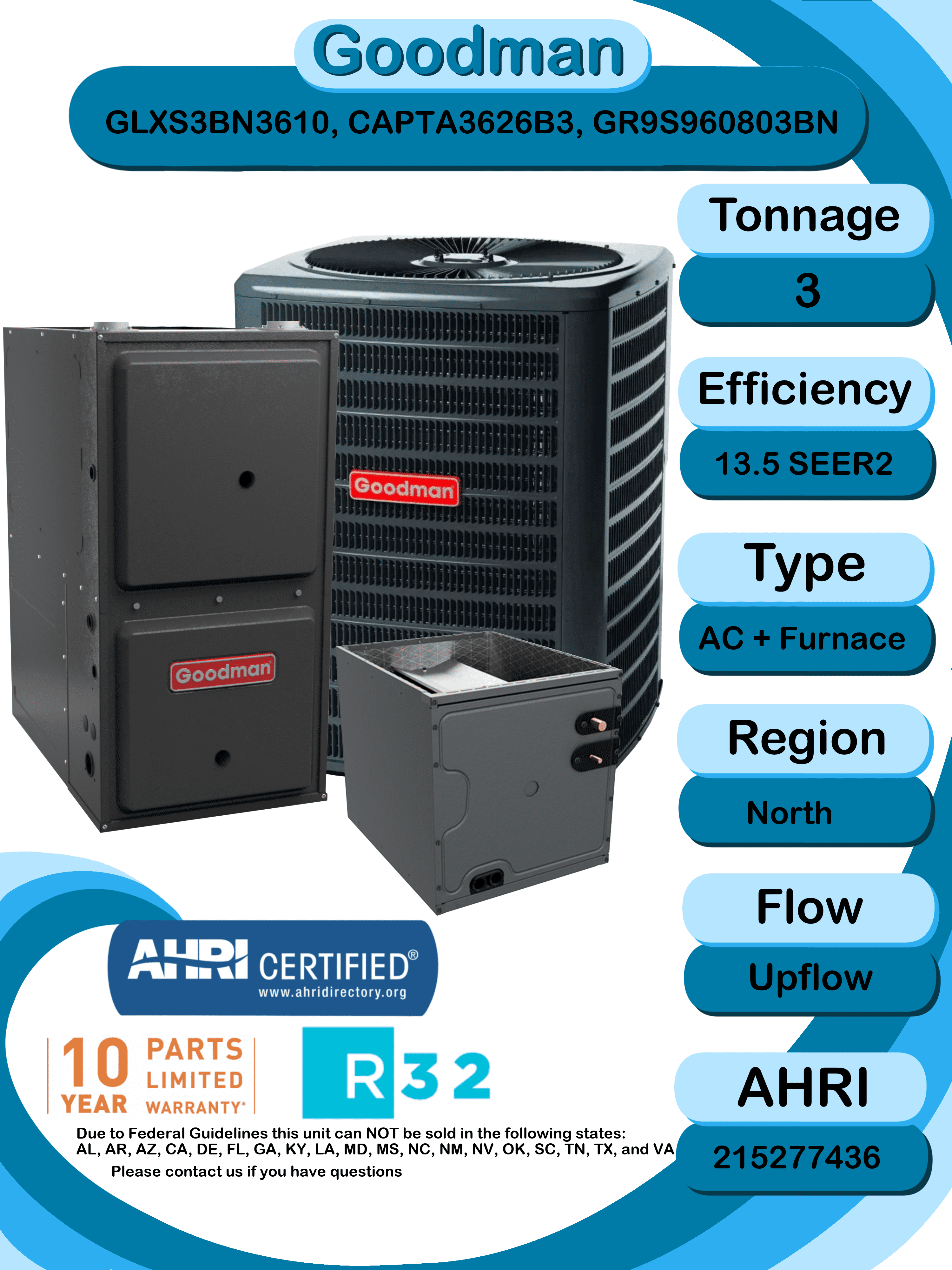 Goodman 3 ton 13.5 SEER2 Complete Split System with upflow coil and ...