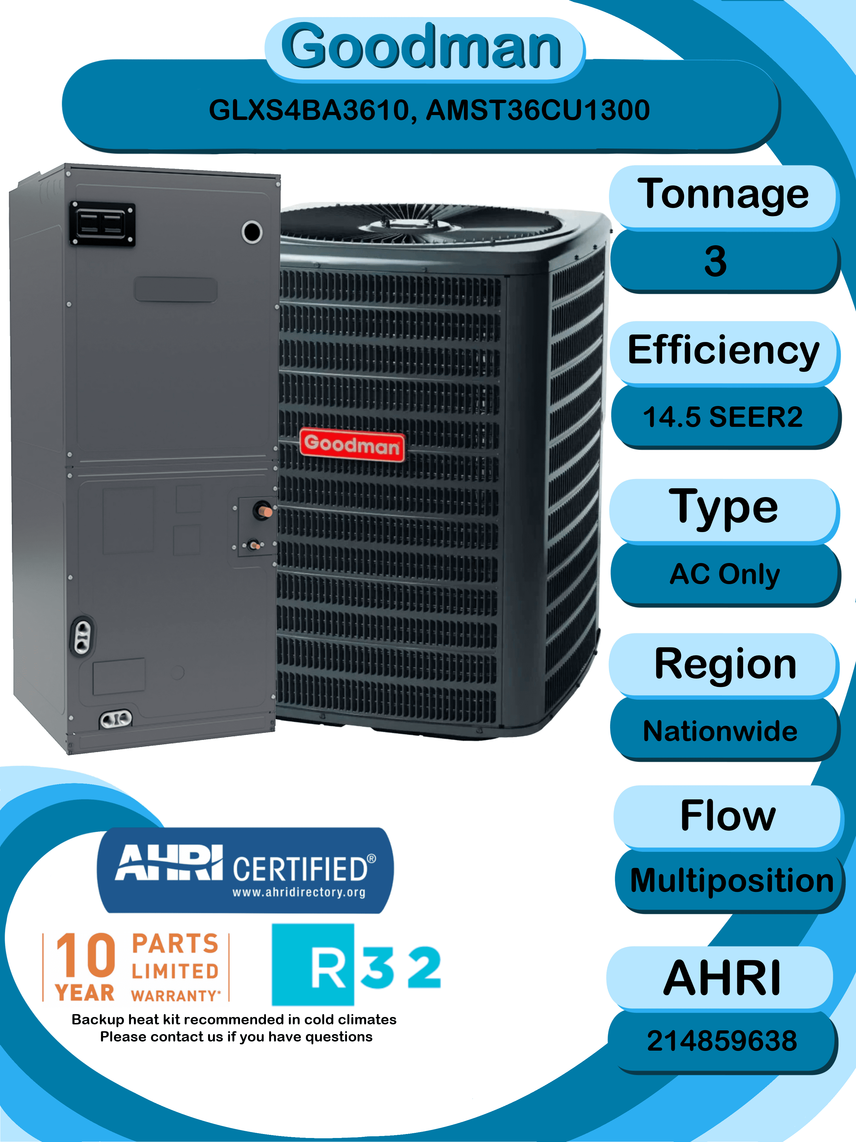 Goodman 3 ton 14.5 SEER2 AC Only System with multi-position air handler ...