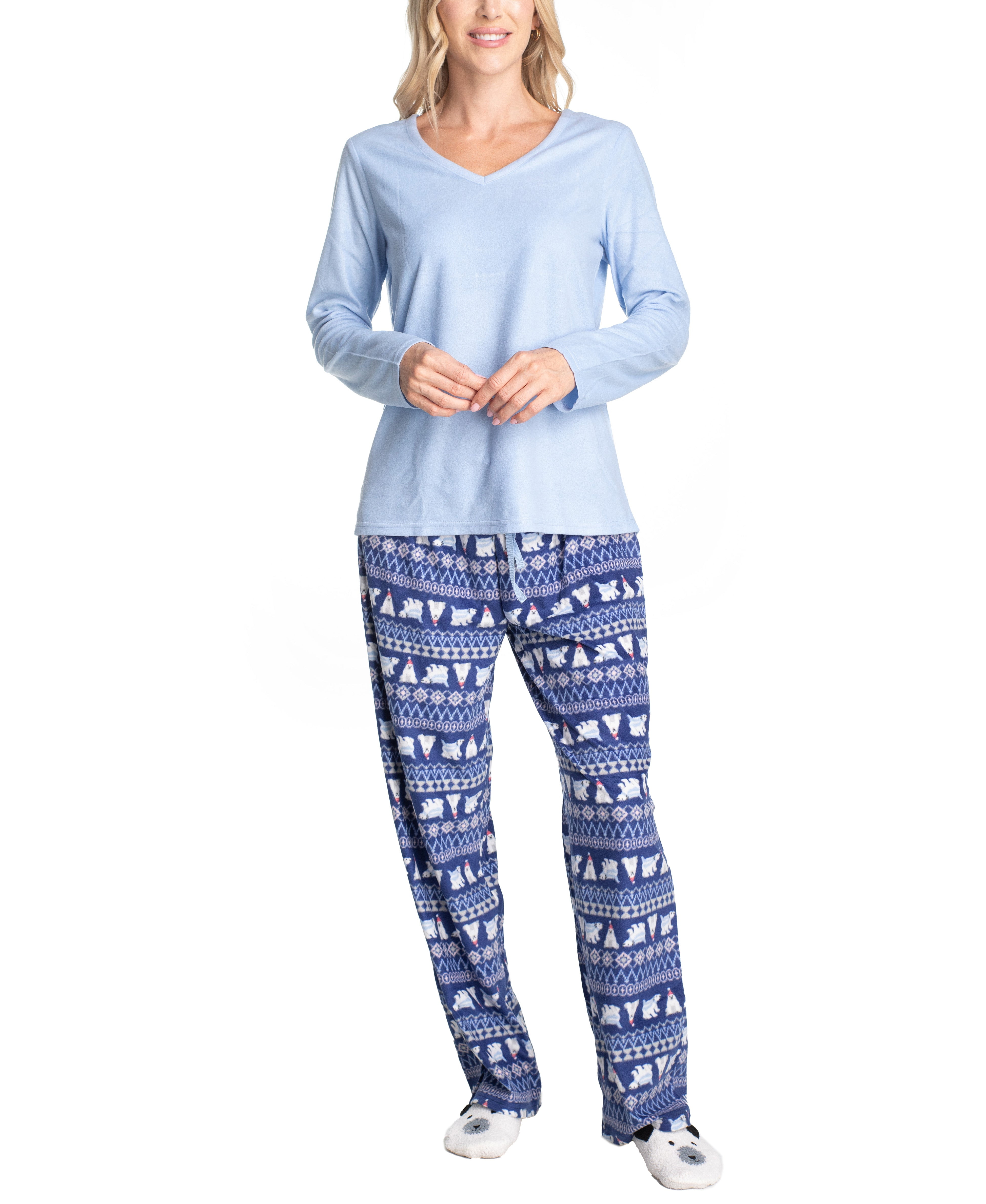 Goodnight Kiss Funny Face Fleece Pajama Set, Blue Polar Bear Fairisle ...