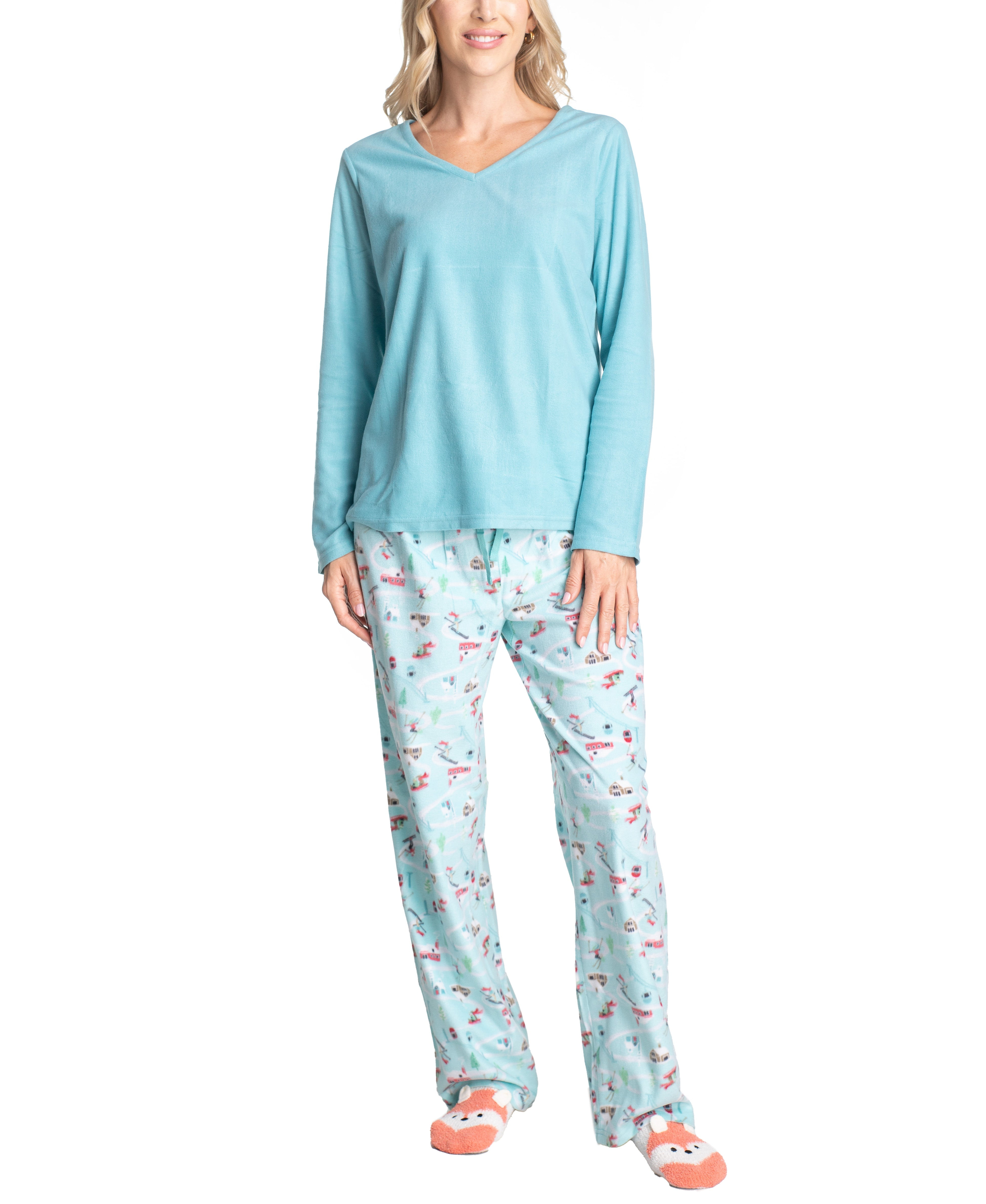 Goodnight Kiss Funny Face Fleece Pajama Set, Turquoise Skiing Large ...