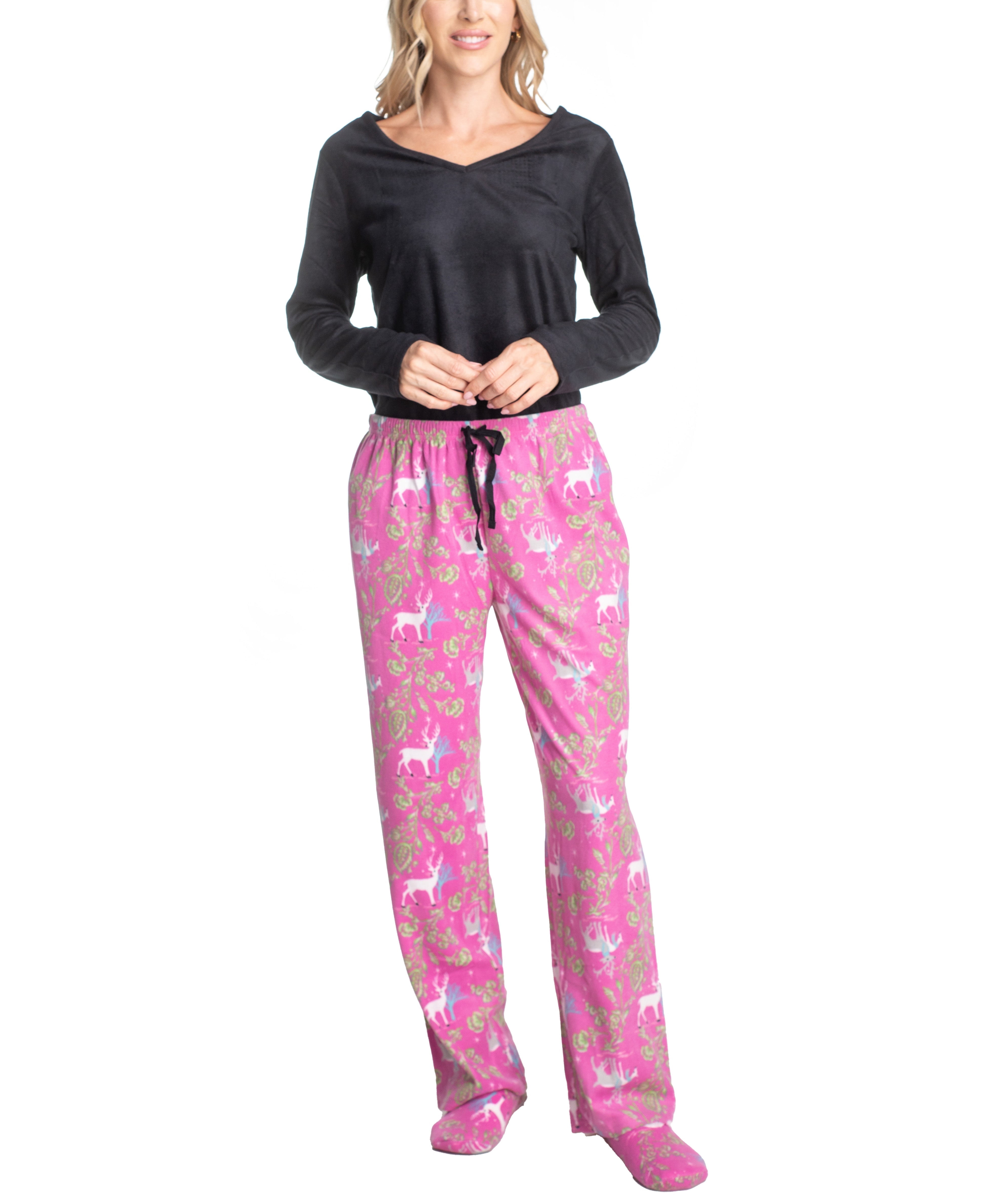 Goodnight Kiss Fuzzy Fleece Pajama Set with Slippers, Black/Deer, Large ...