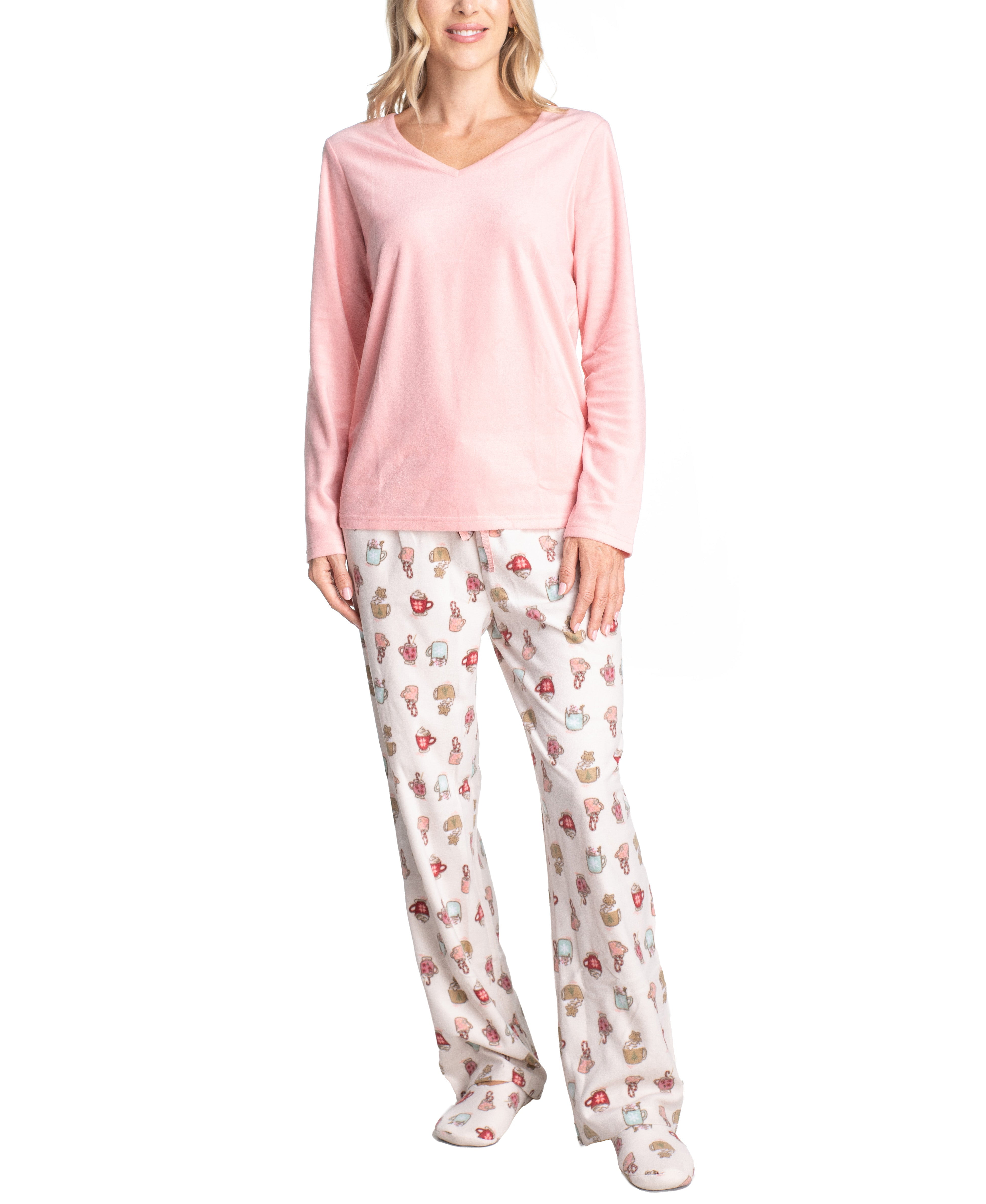 Goodnight Kiss Cozy Fuzzy Pajama Set with Slippers, Pink/Coffee, Large ...