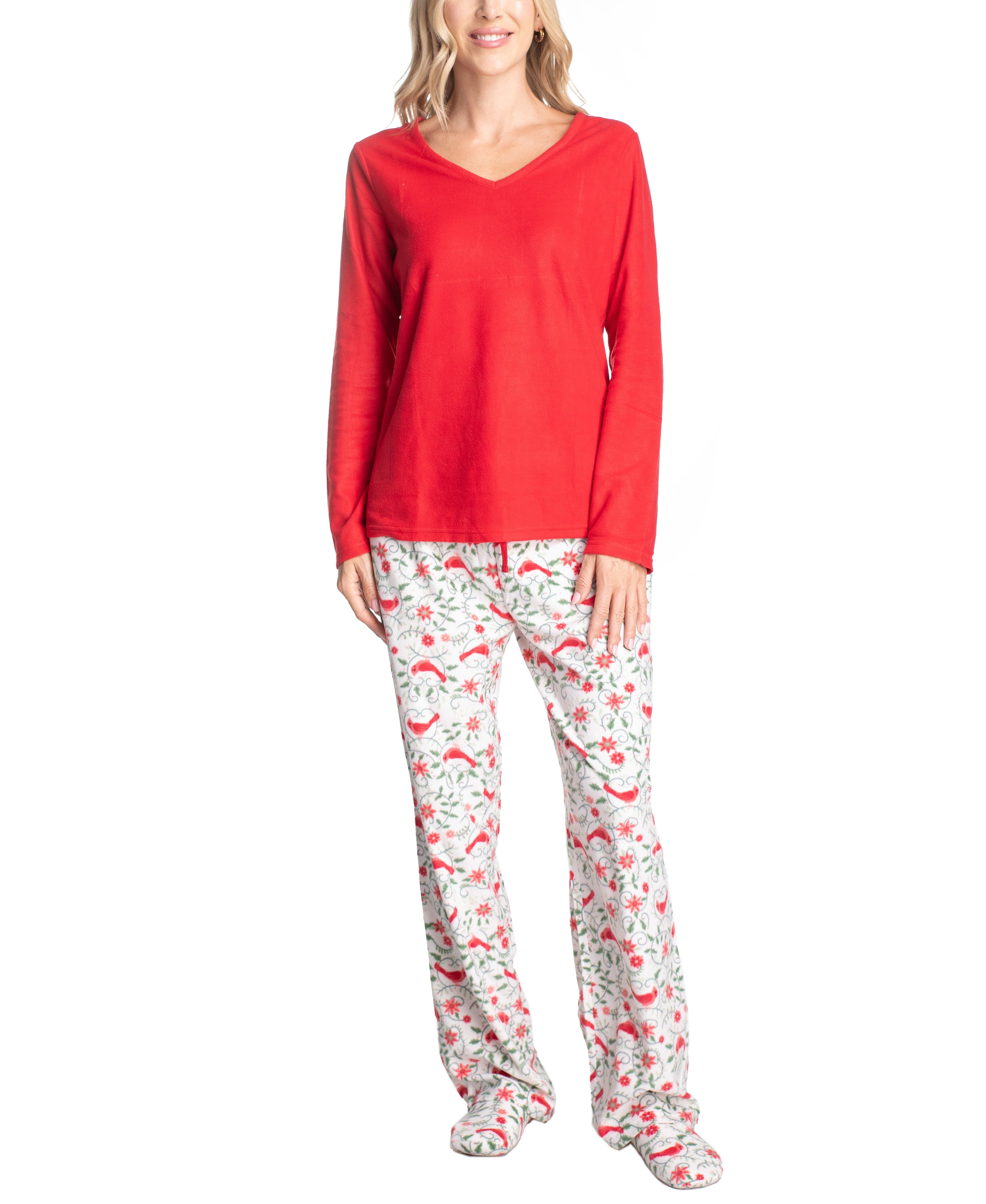 Goodnight Kiss Fleece Pajama Set with Slippers, Red/Cardinal, Large ...