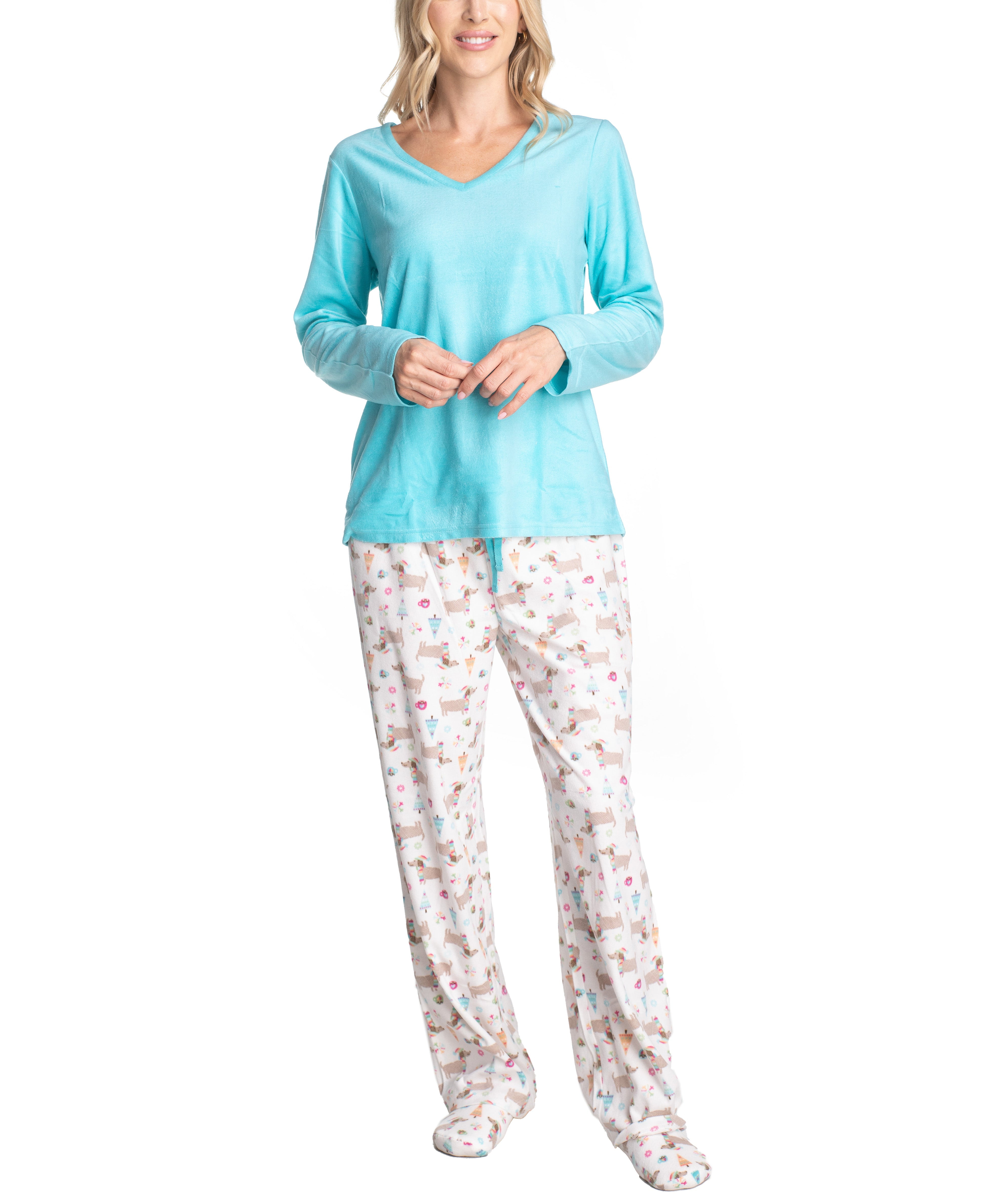 Goodnight Kiss Fleece Pajama Set with Slippers, Turquoise Dachshund, X ...